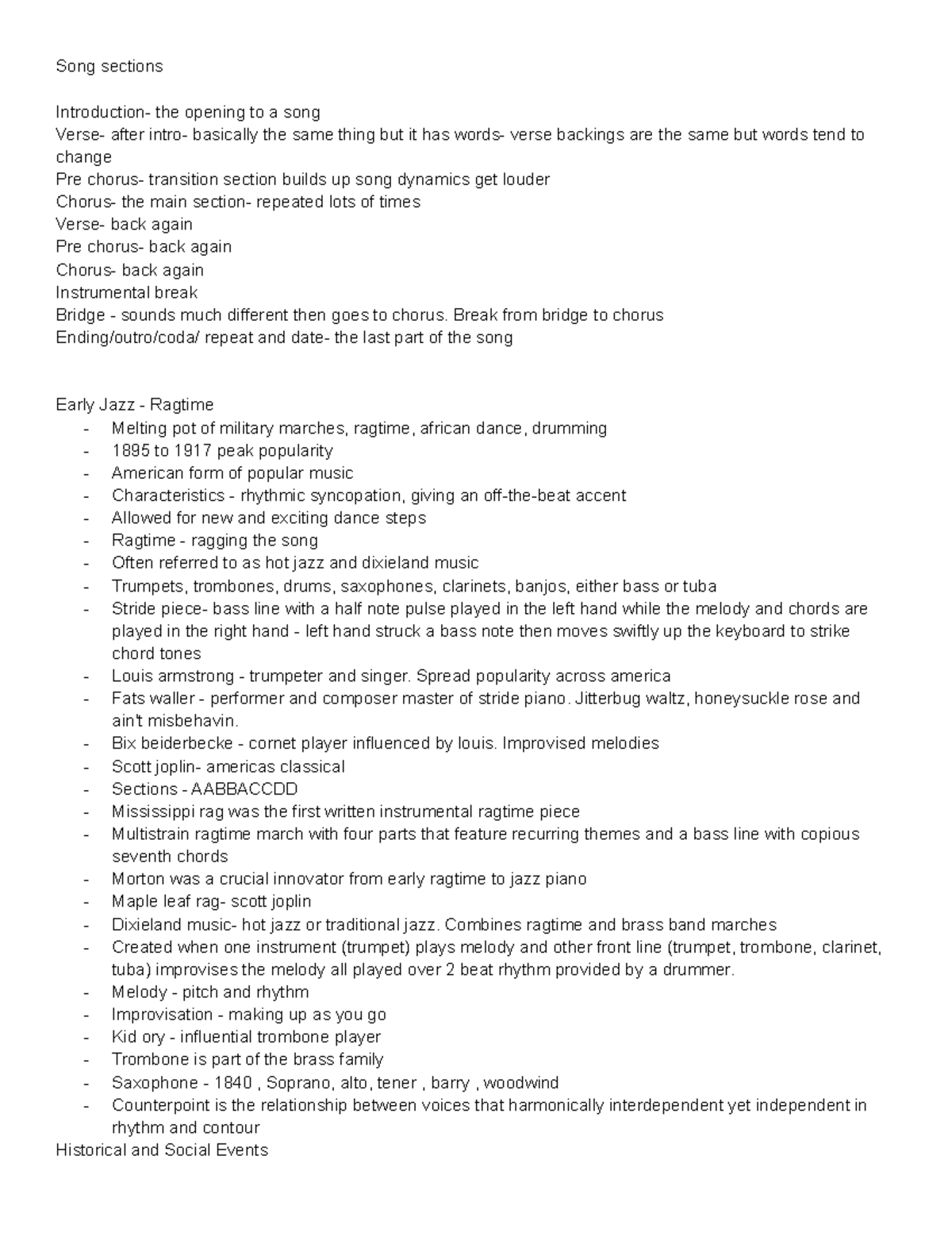 Jazz and pop week 1&2 - Lecture notes 1,2 - Song sections Introduction ...