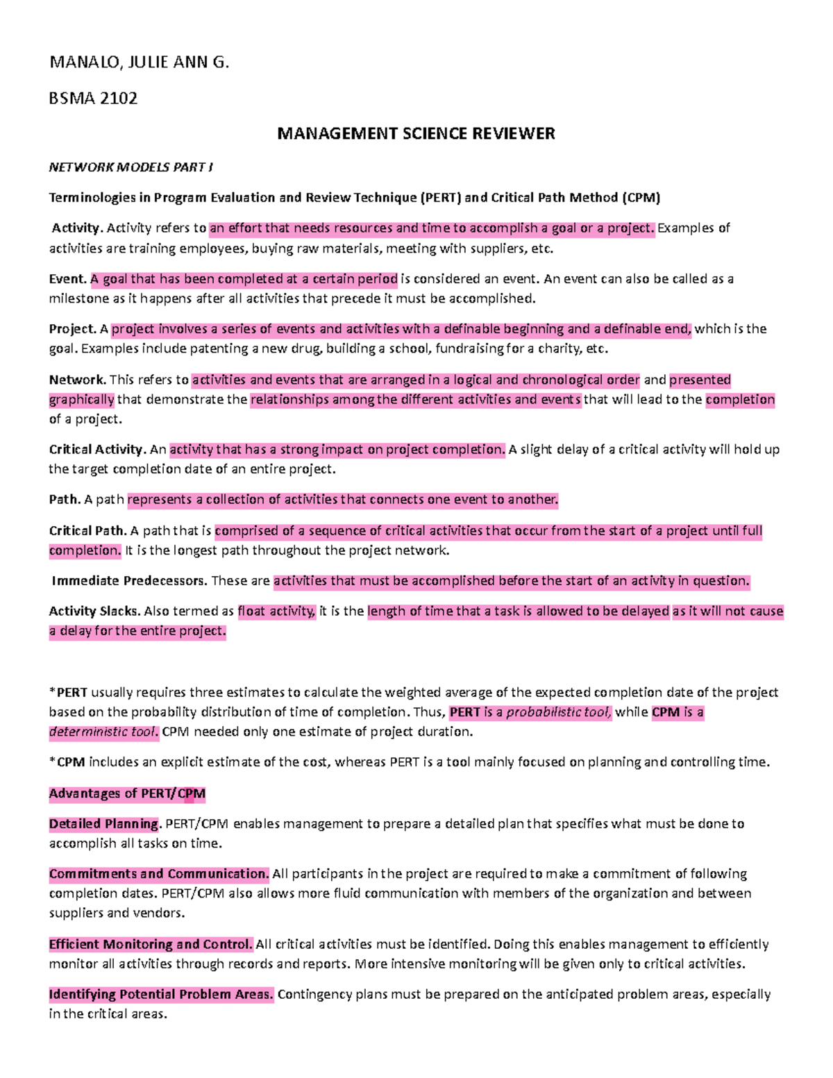 Msreviewer - Reviewer - MANALO, JULIE ANN G. BSMA 2102 MANAGEMENT SCIENCE REVIEWER NETWORK ...