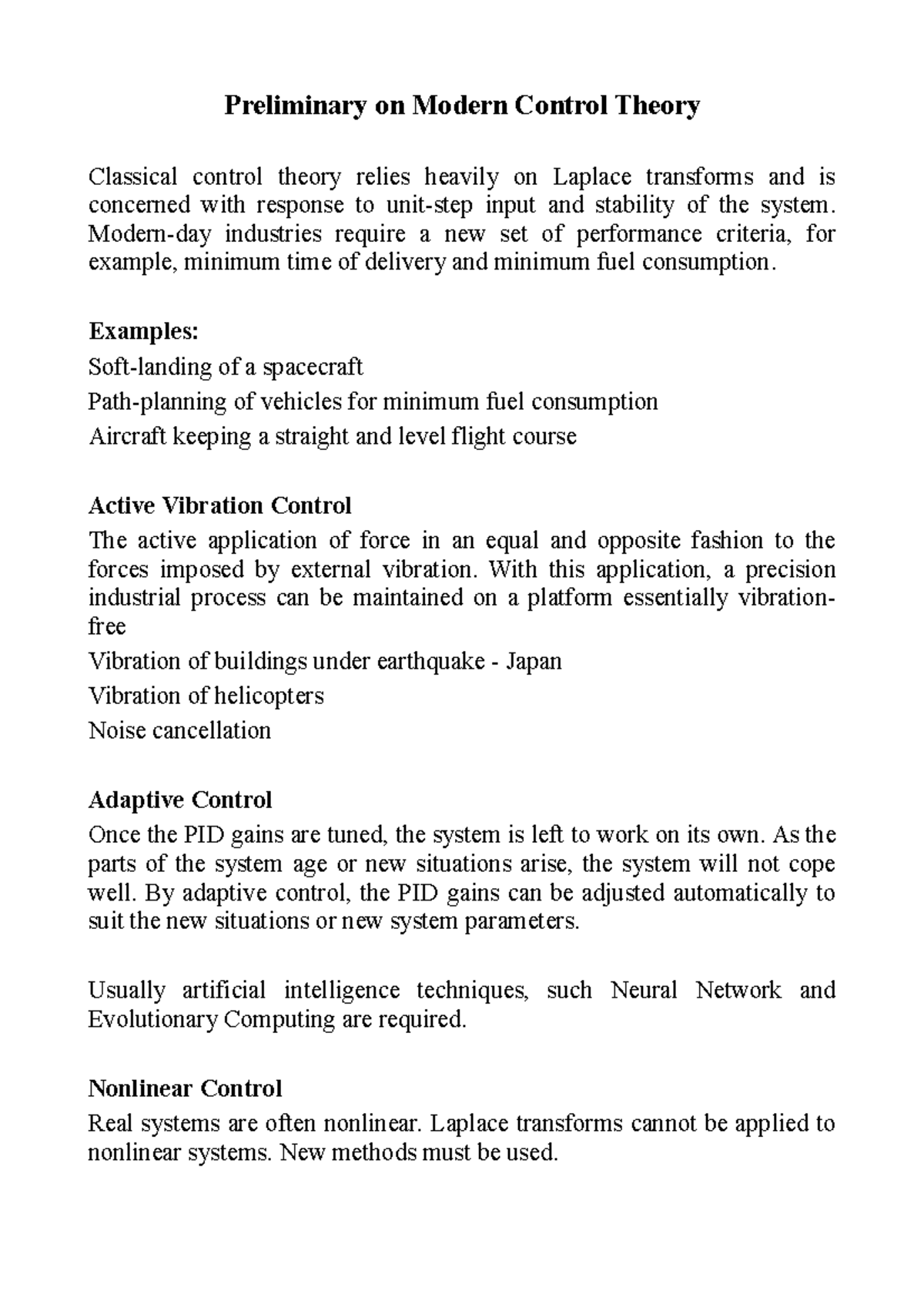 MECH303 2008-2009 Lecture Notes - Modern control theory - Preliminary ...