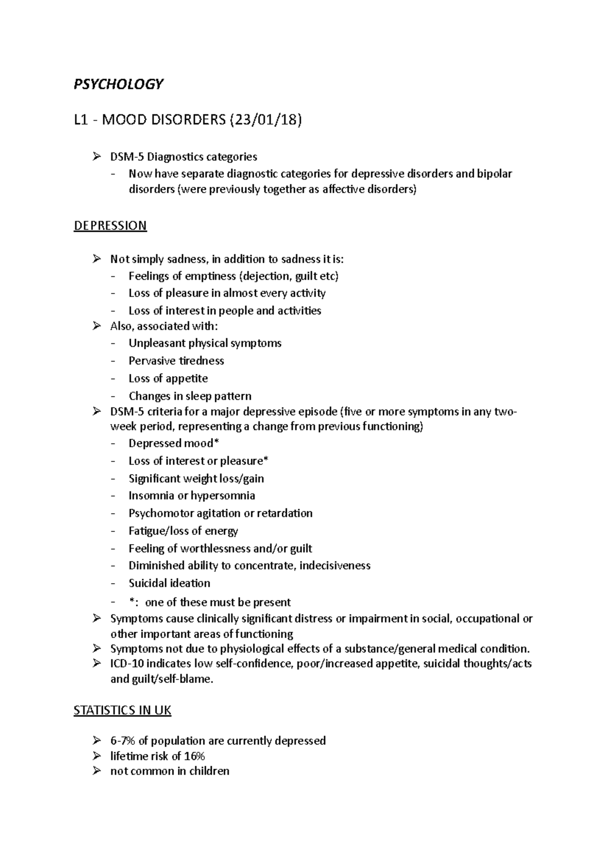 Psychology Lecture Notes - PSYCHOLOGY L1 - MOOD DISORDERS (23/01/18 ...
