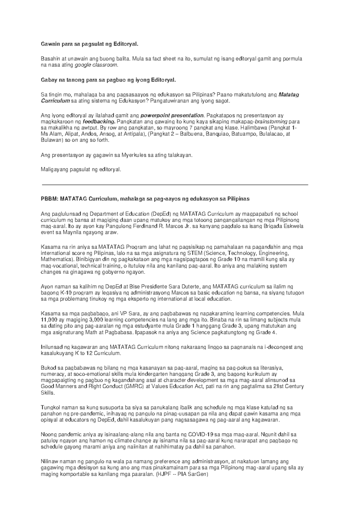 A.2. Gawain para sa pagsulat ng Editoryal - Basahin at unawain ang ...