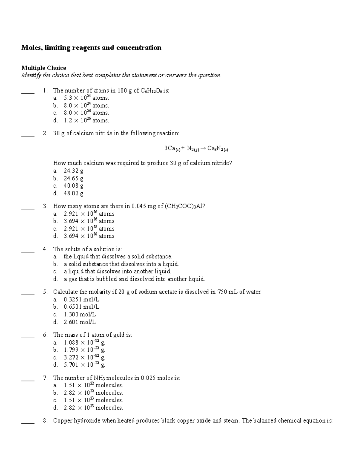 Moles Limiting Reagents And Concentration Practice Moles Limiting