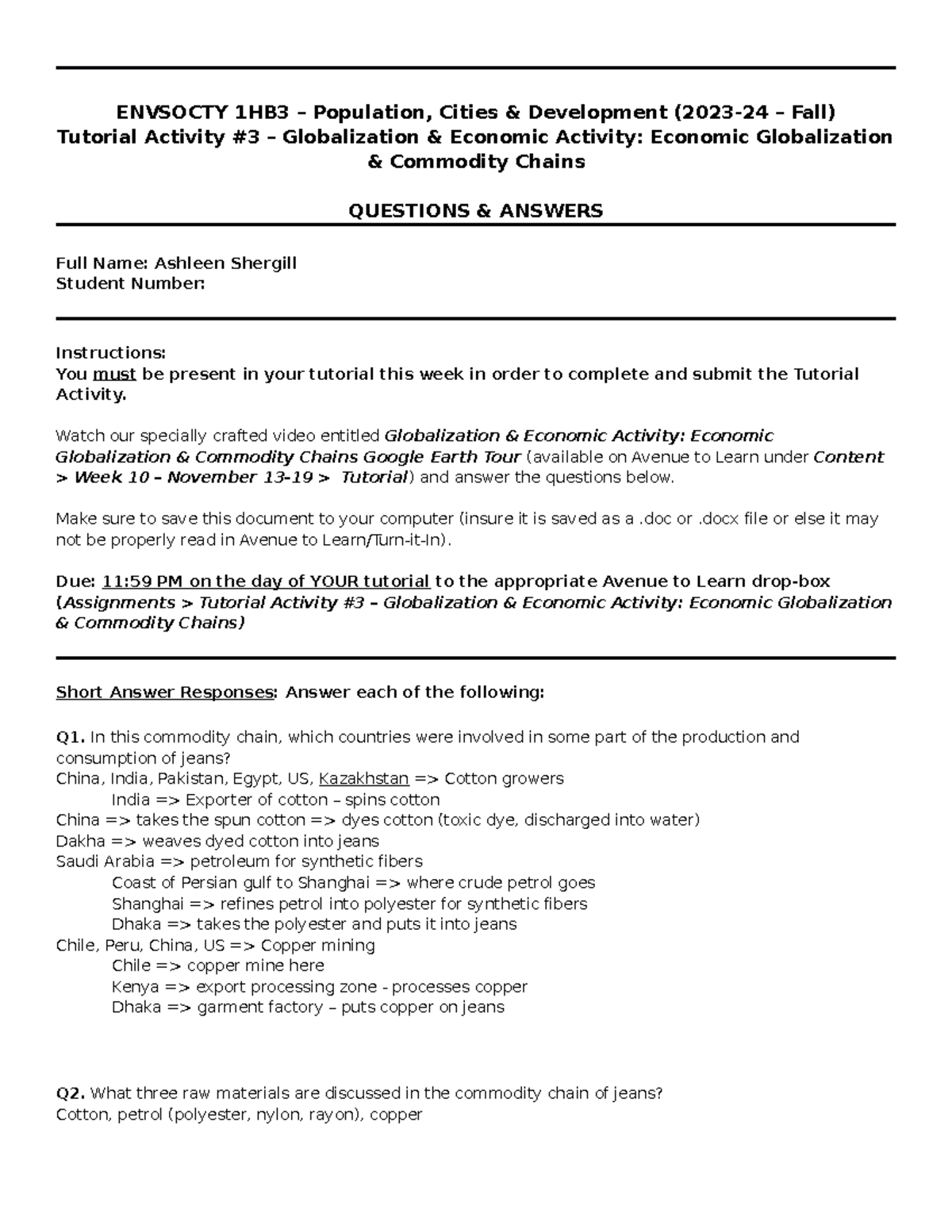 Envsocty 1HB3 - Fall 2023 - Tutorial Activity #3 - Q&A - ENVSOCTY 1HB3 ...