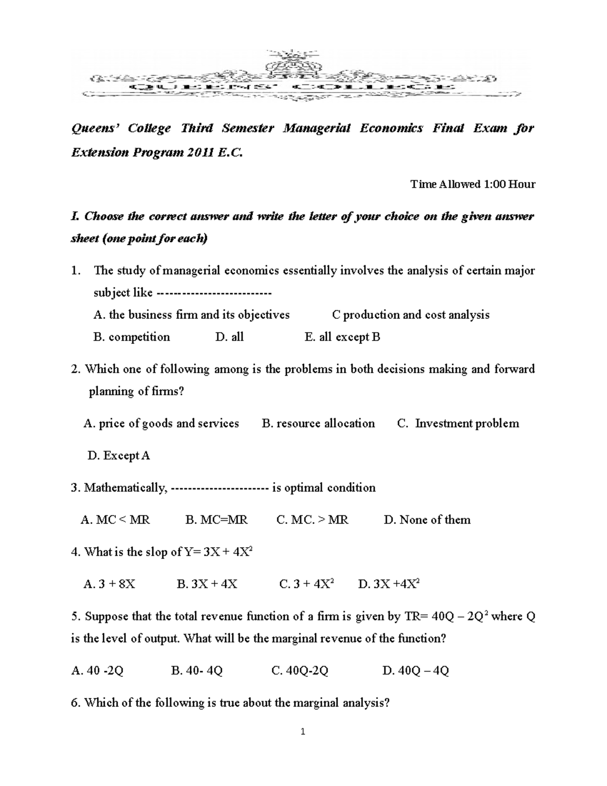 Final Exam 9 August 2018, questions - Queens’ College Third Semester ...