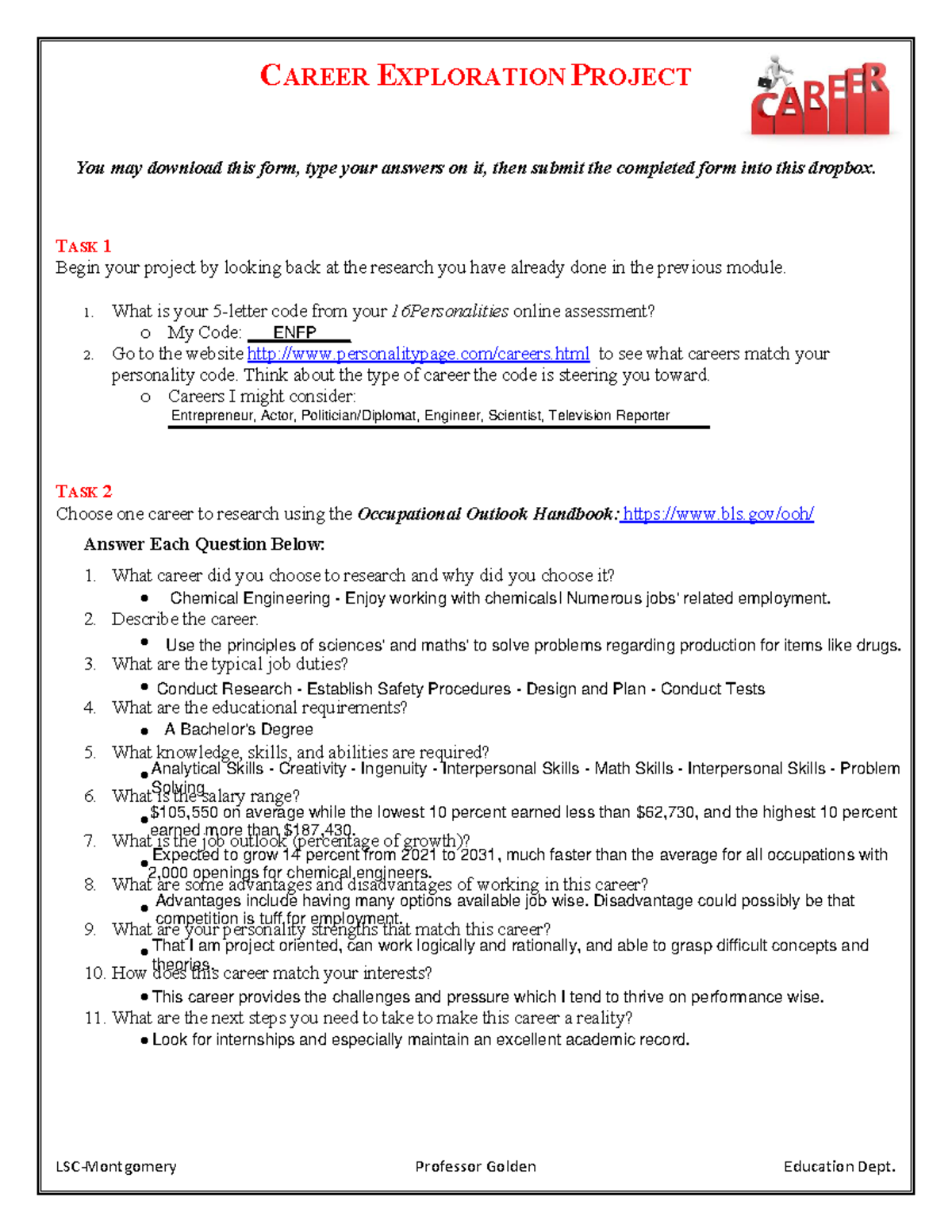 Career Exploration Project Completed - LSC-Montgomery Professor Golden ...