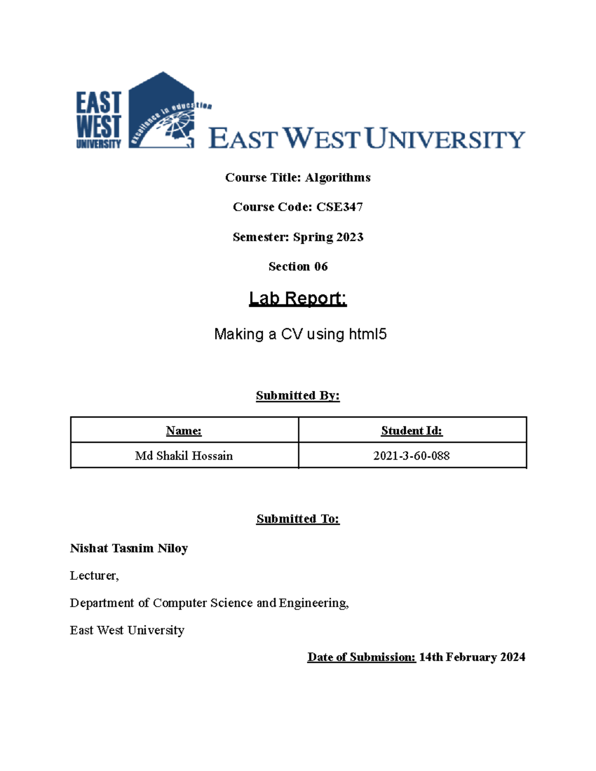 Cse347 Lab Report Tw4twe Course Title Algorithms Course Code Cse