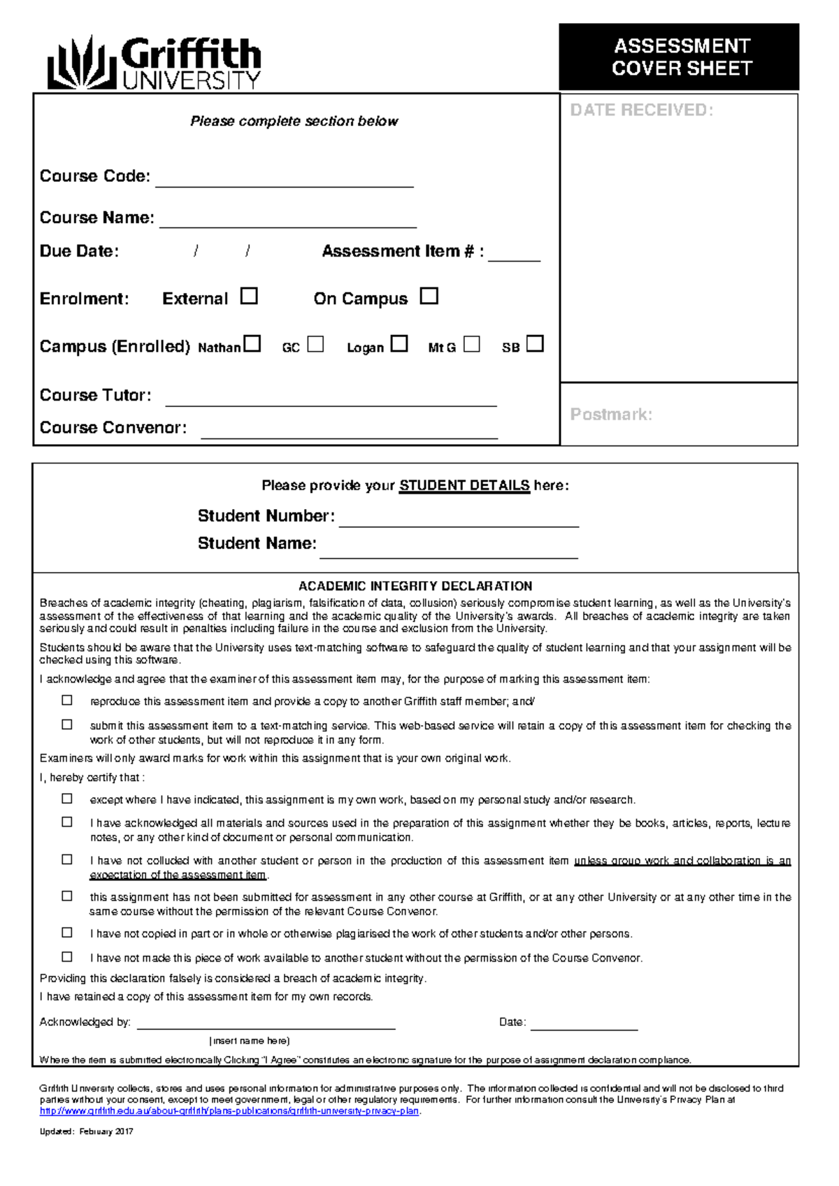 GU Individual Assessment Coversheet - Griffith University collects ...