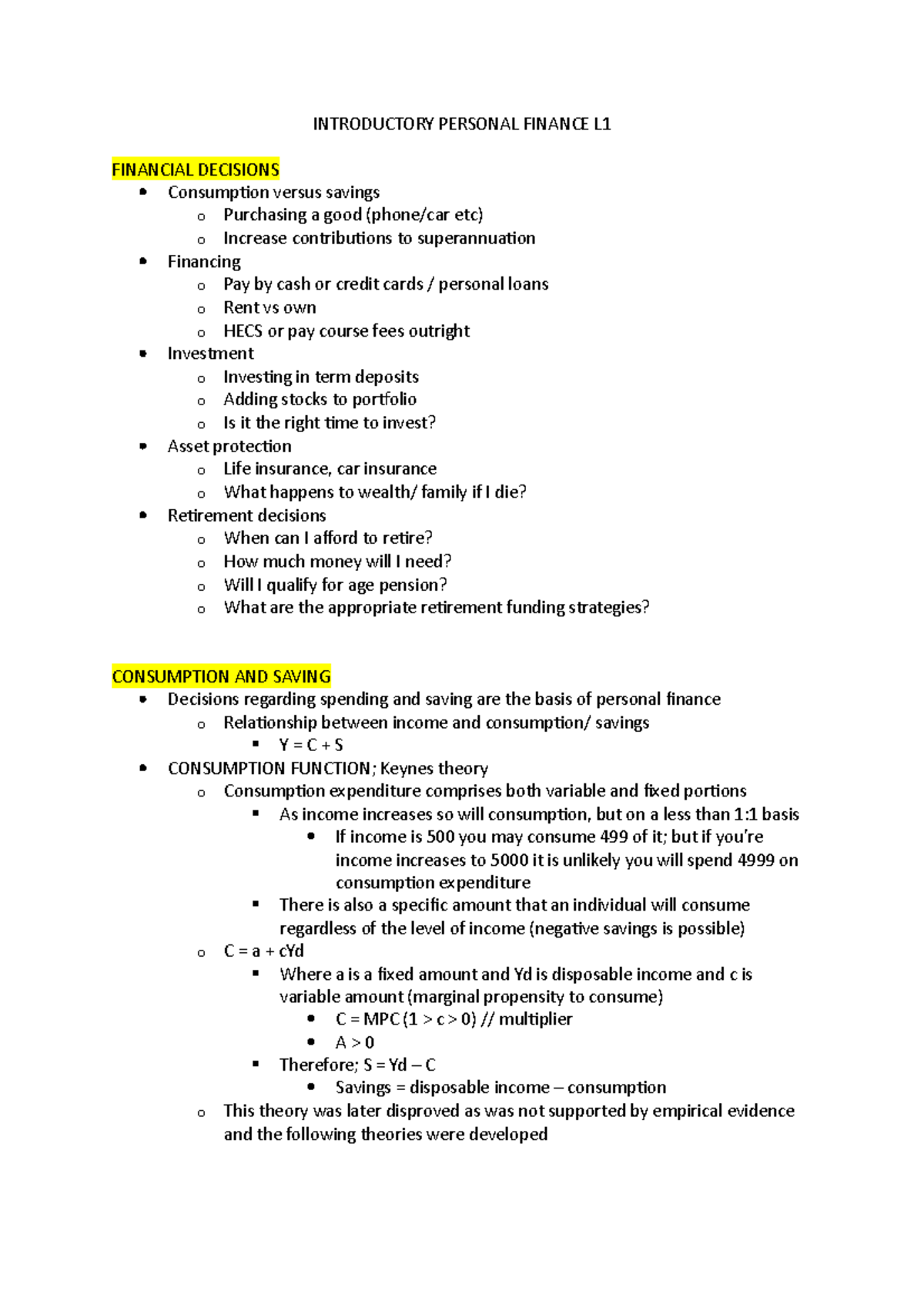 Finance lecture notes - INTRODUCTORY PERSONAL FINANCE L FINANCIAL ...