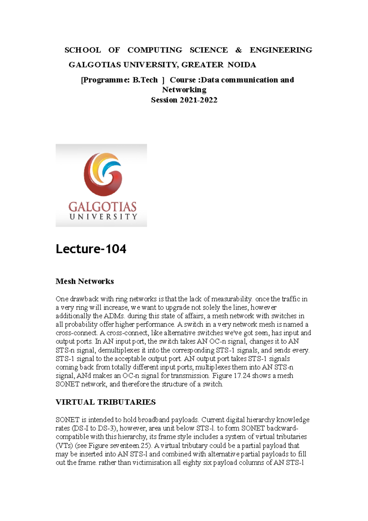 DCN lecture 104 @ Galgotias university - SCHOOL OF COMPUTING SCIENCE ...