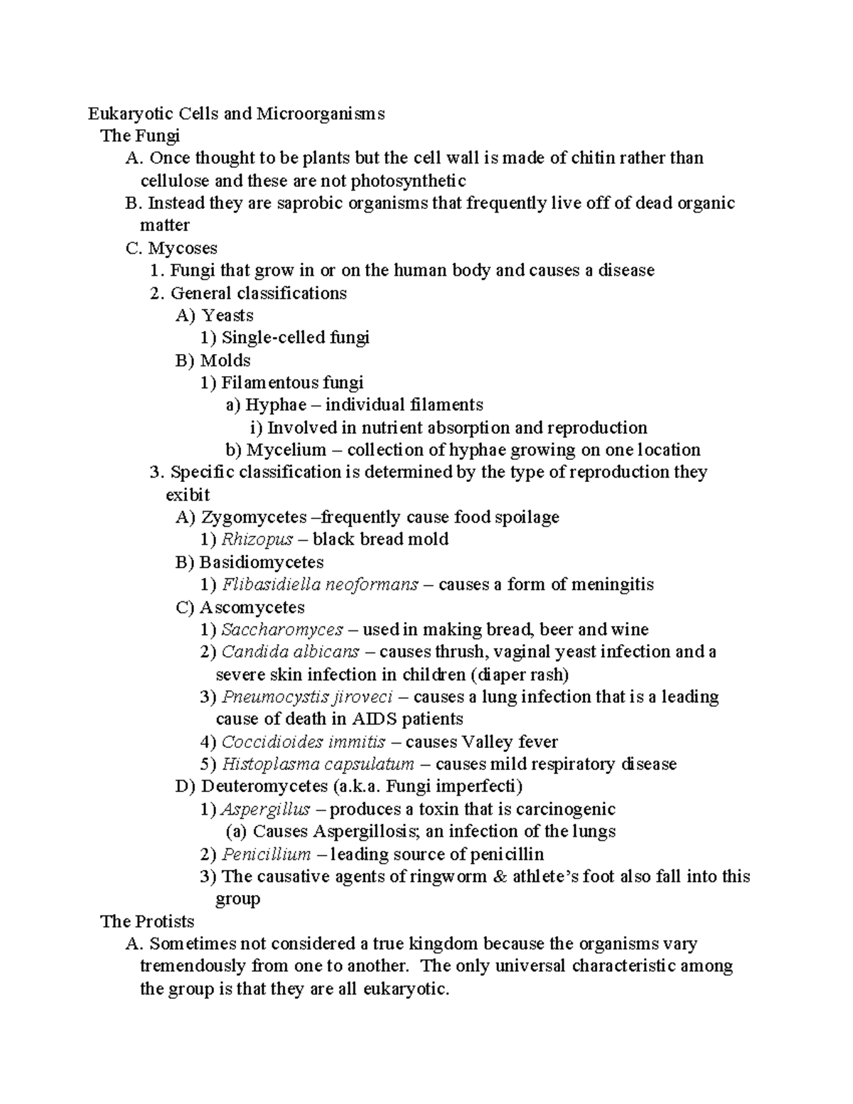 Eukaryotic Cells and Microorganisms Notes - Eukaryotic Cells and ...