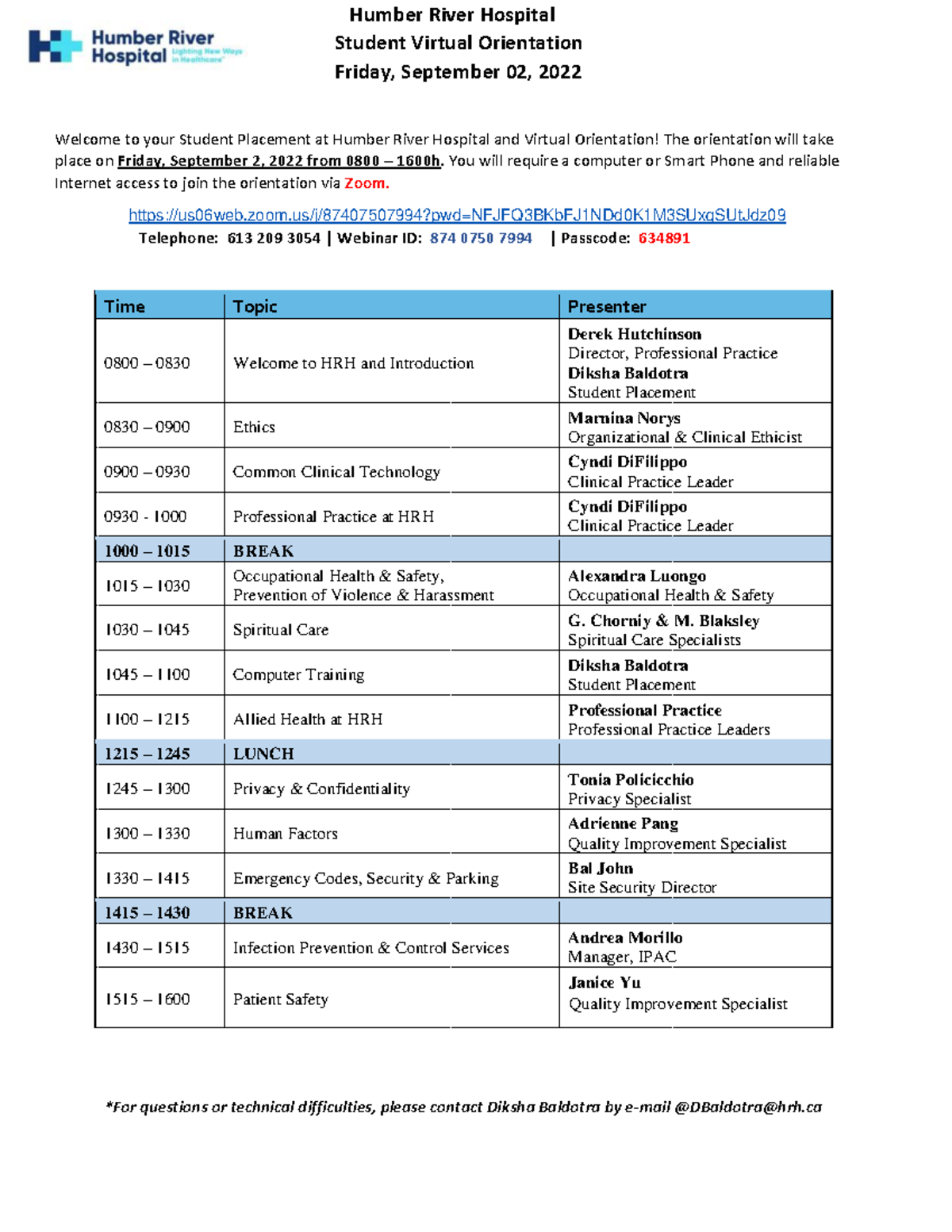 Student Virtual Orientation September 02 2022 - Humber River Hospital ...