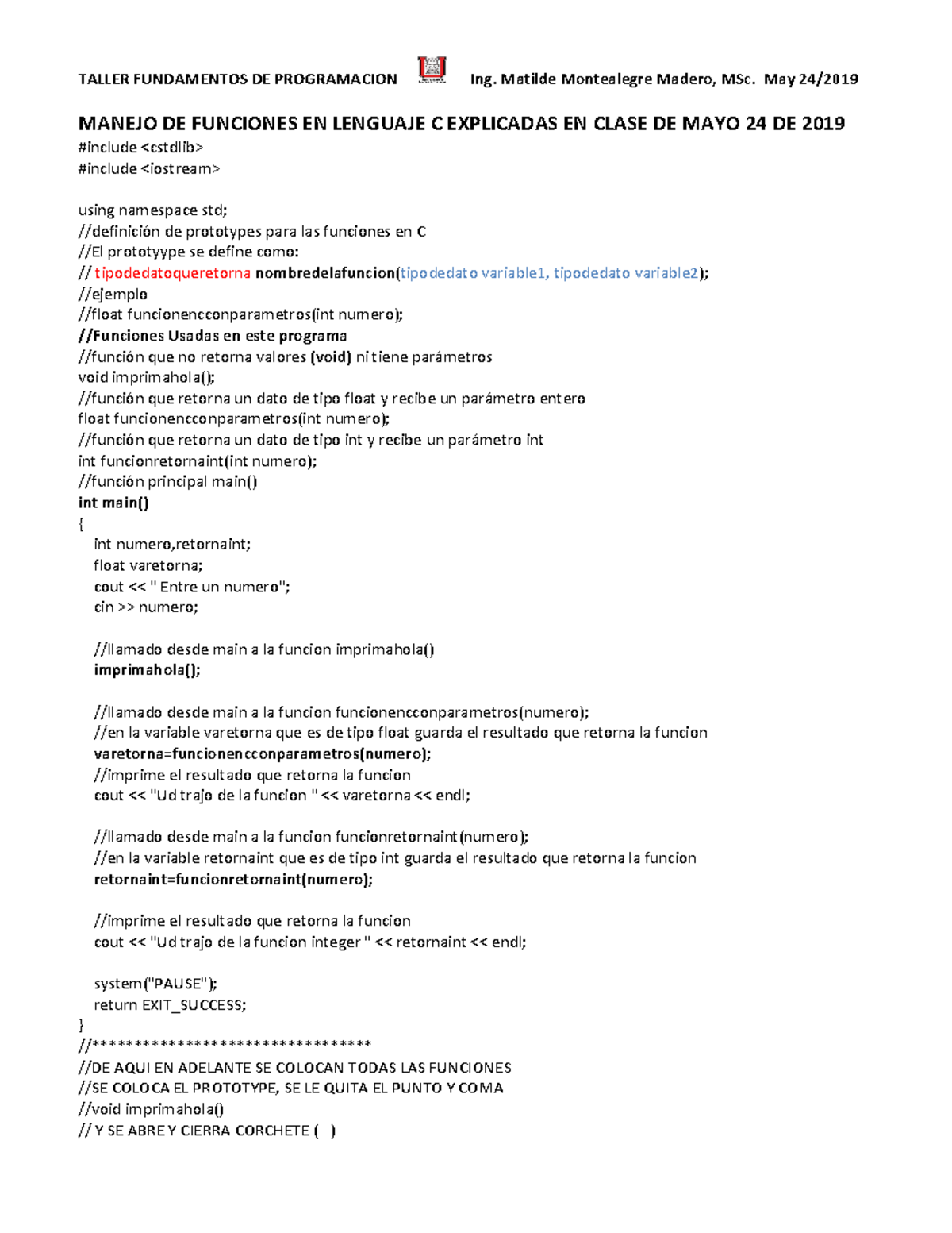 Taller Funciones Fundamentosde Programacion 2019 A - TALLER FUNDAMENTOS ...