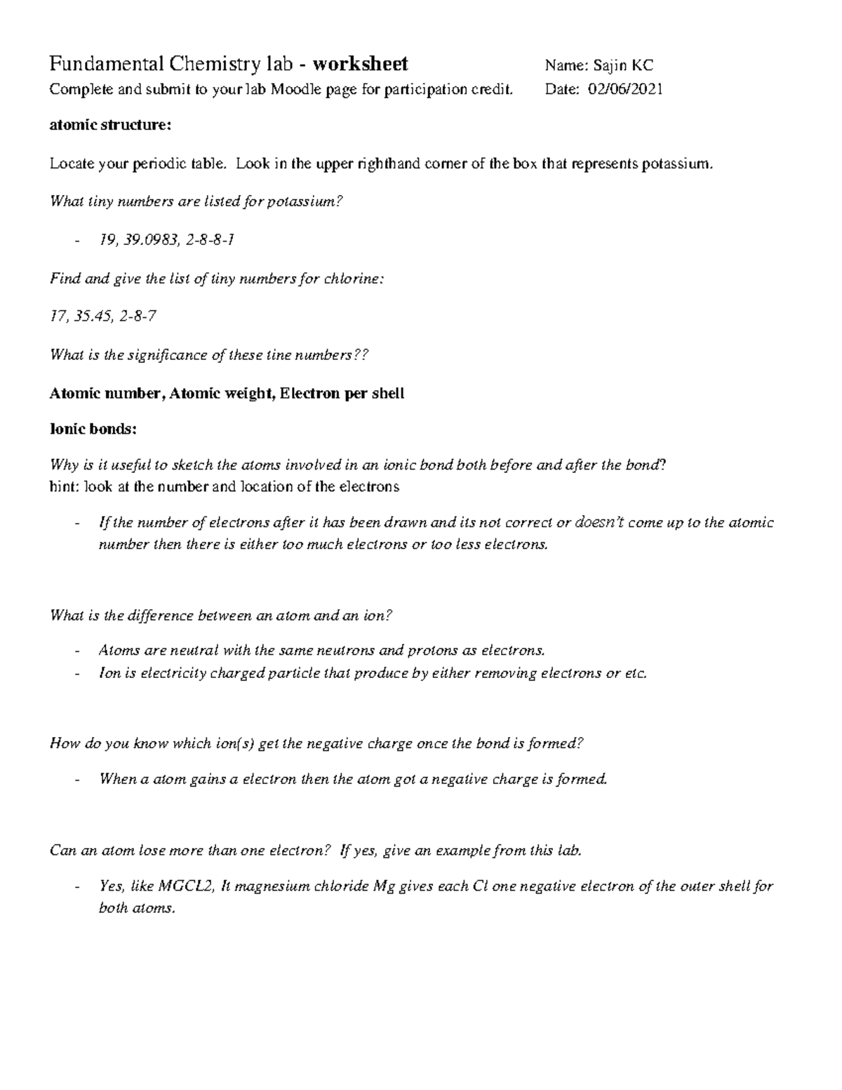 Lab 2 Fund Chem - worksheet - Fundamental Chemistry lab - worksheet ...