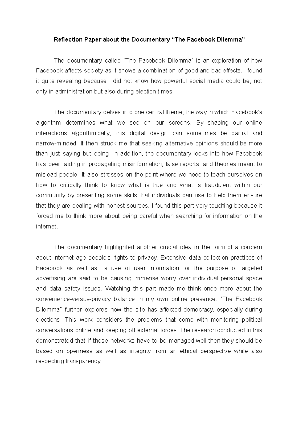 Reflection Paper about Facebook Dilemma - Reflection Paper about the ...