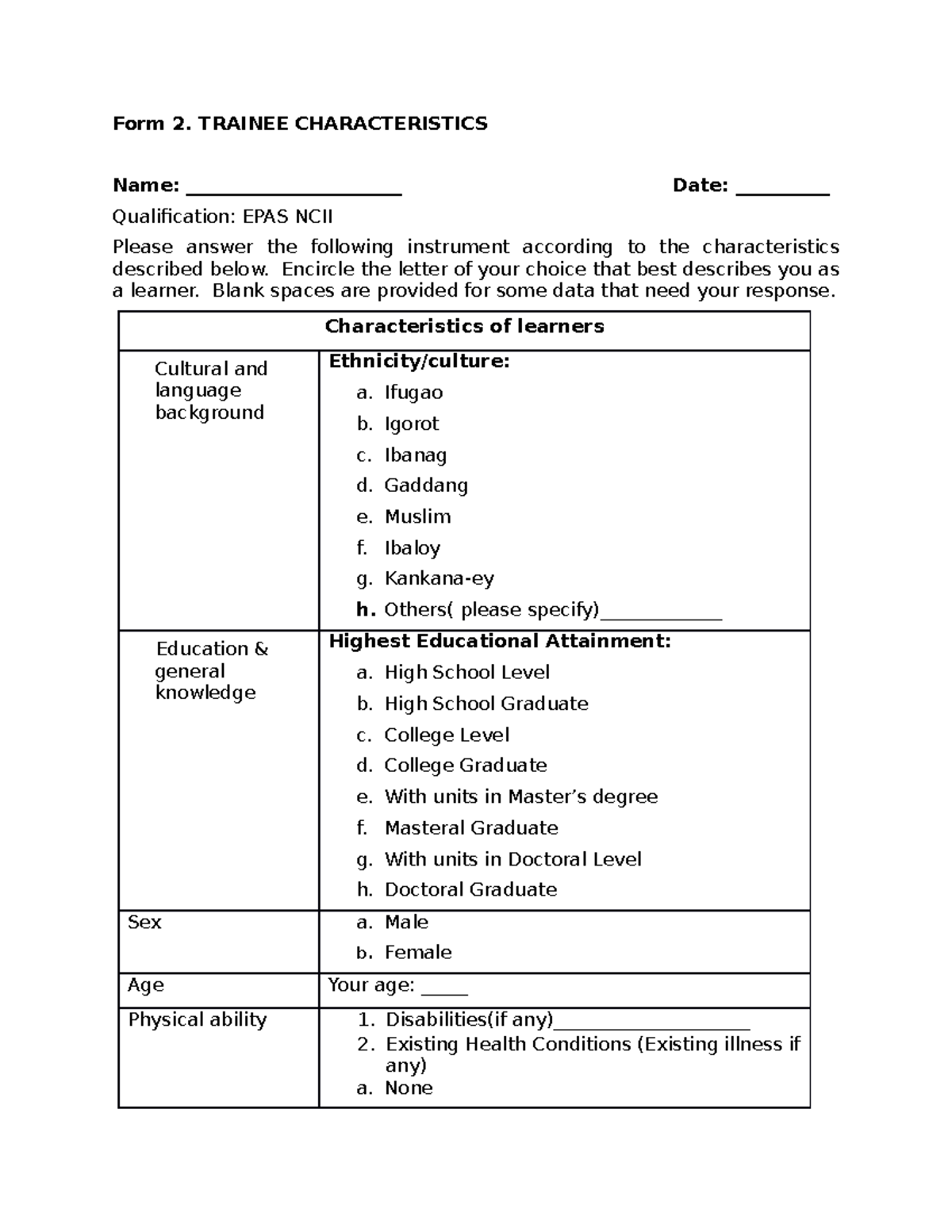 2 Trainee Characteristics - Form 2. TRAINEE CHARACTERISTICS Name