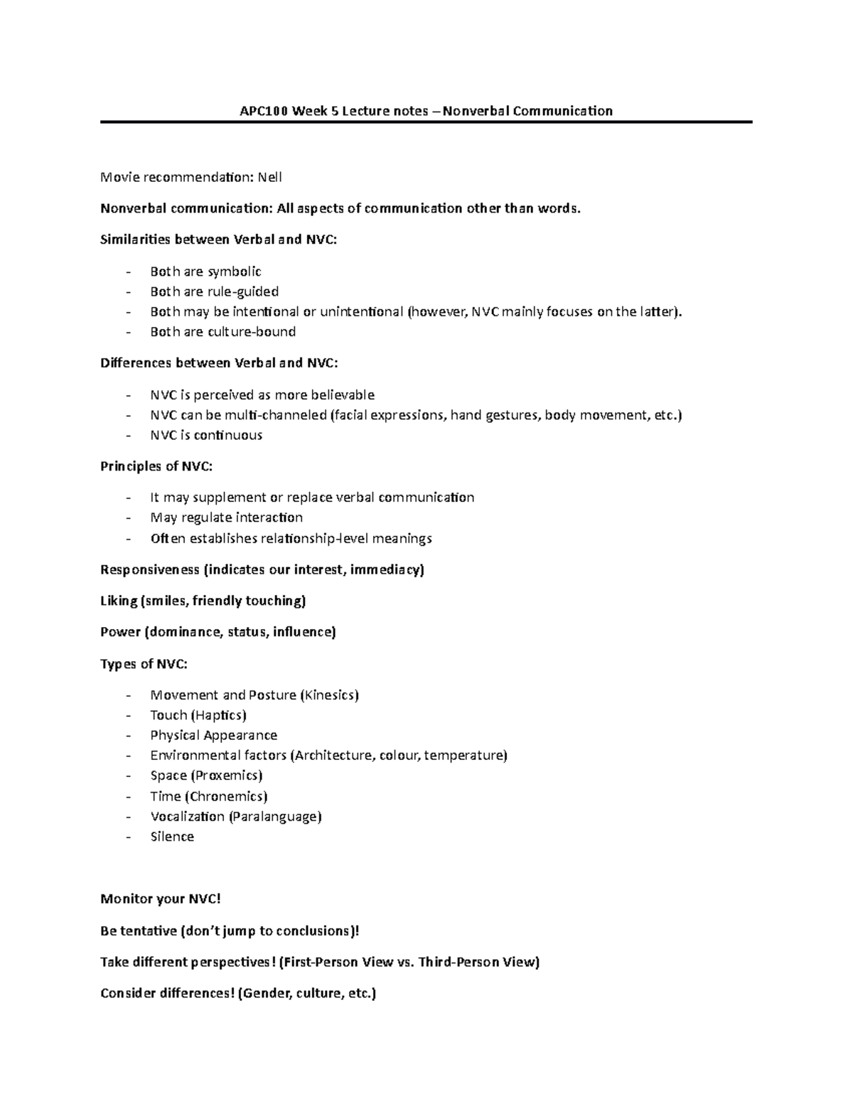 APC100 Week 5 Lecture Notes - APC100 Week 5 Lecture notes – Nonverbal ...