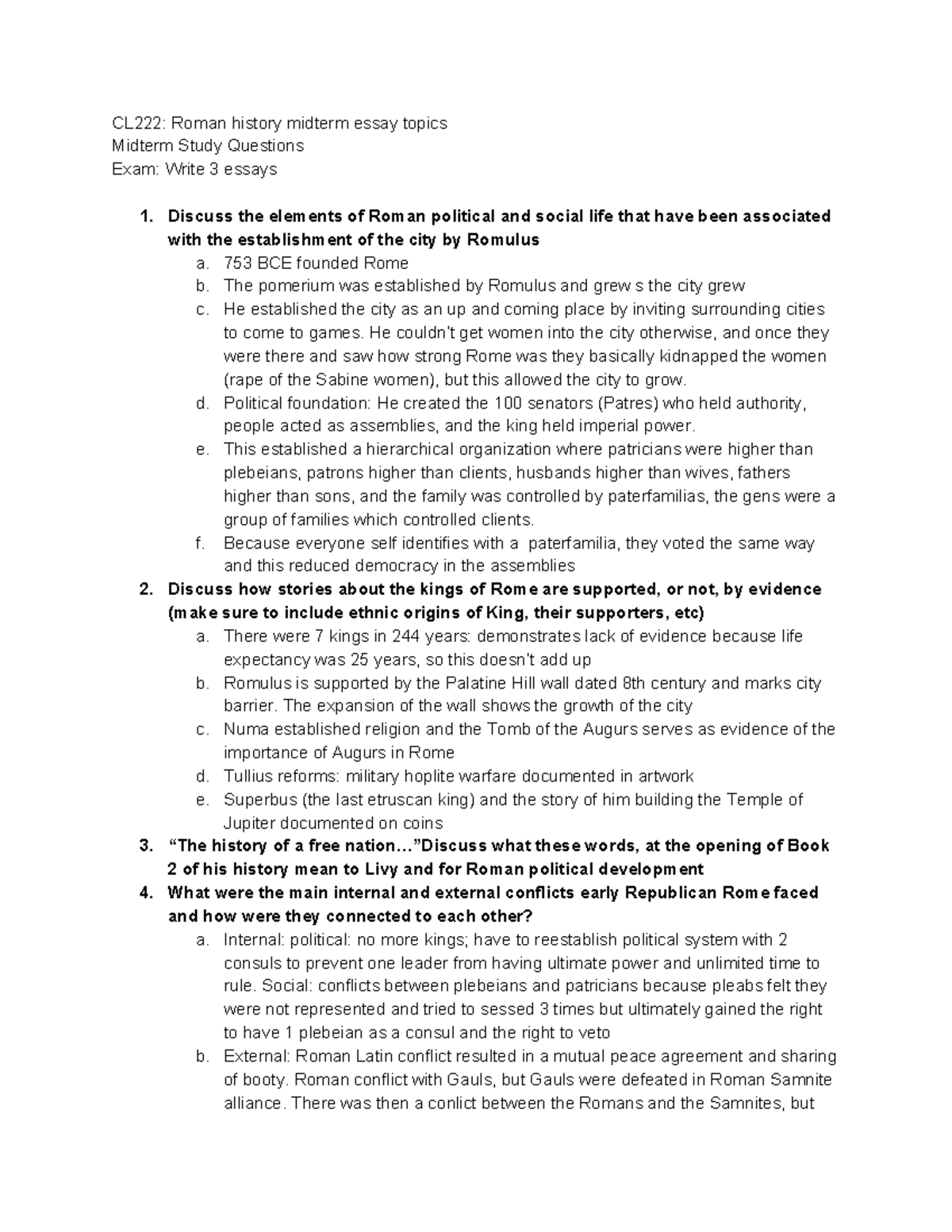 CL322 Midterm 1 Study Guide - CL222: Roman history midterm essay topics ...