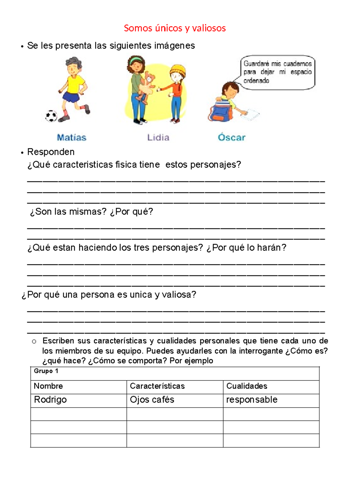 Ficha Somos únicos y valiosos - Somos únicos y valiosos Se les presenta ...