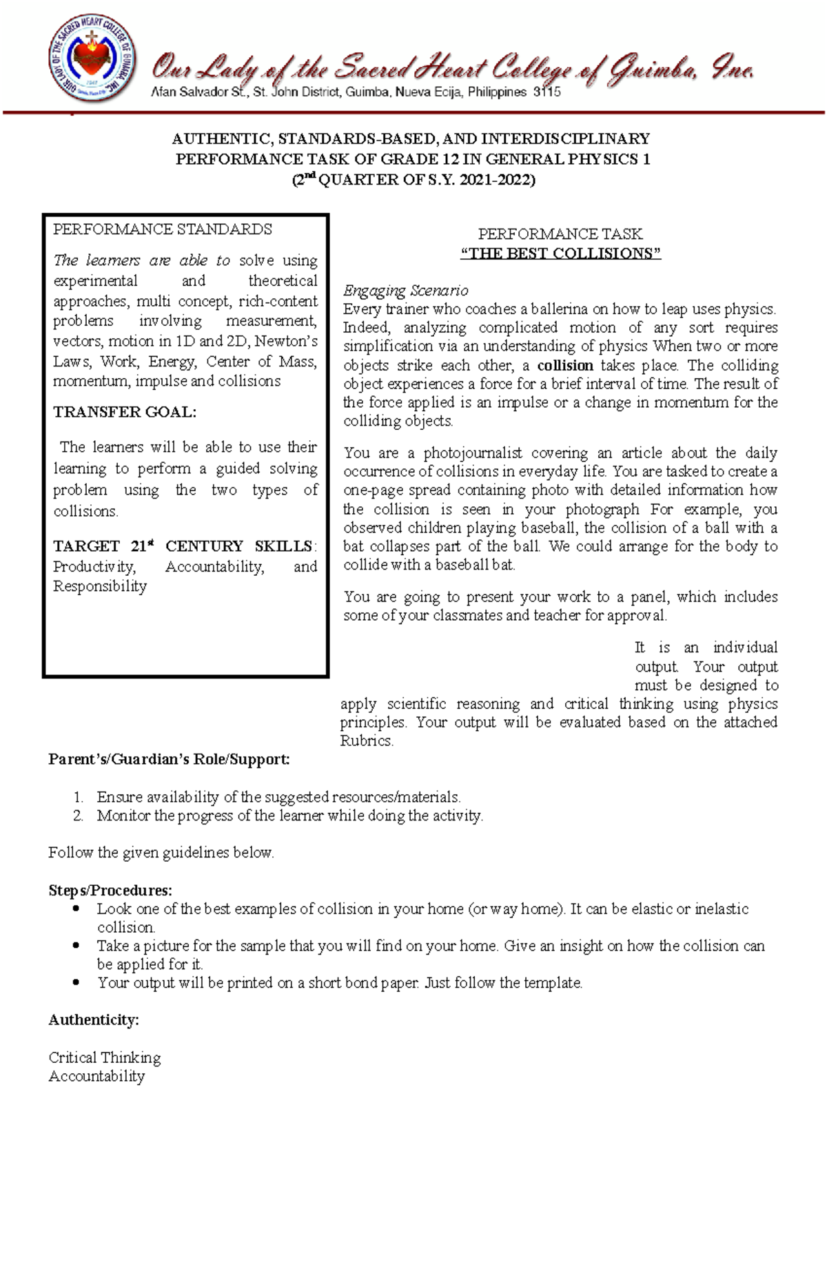 Genphys 1 2Q Performance Task - AUTHENTIC, STANDARDS-BASED, AND ...