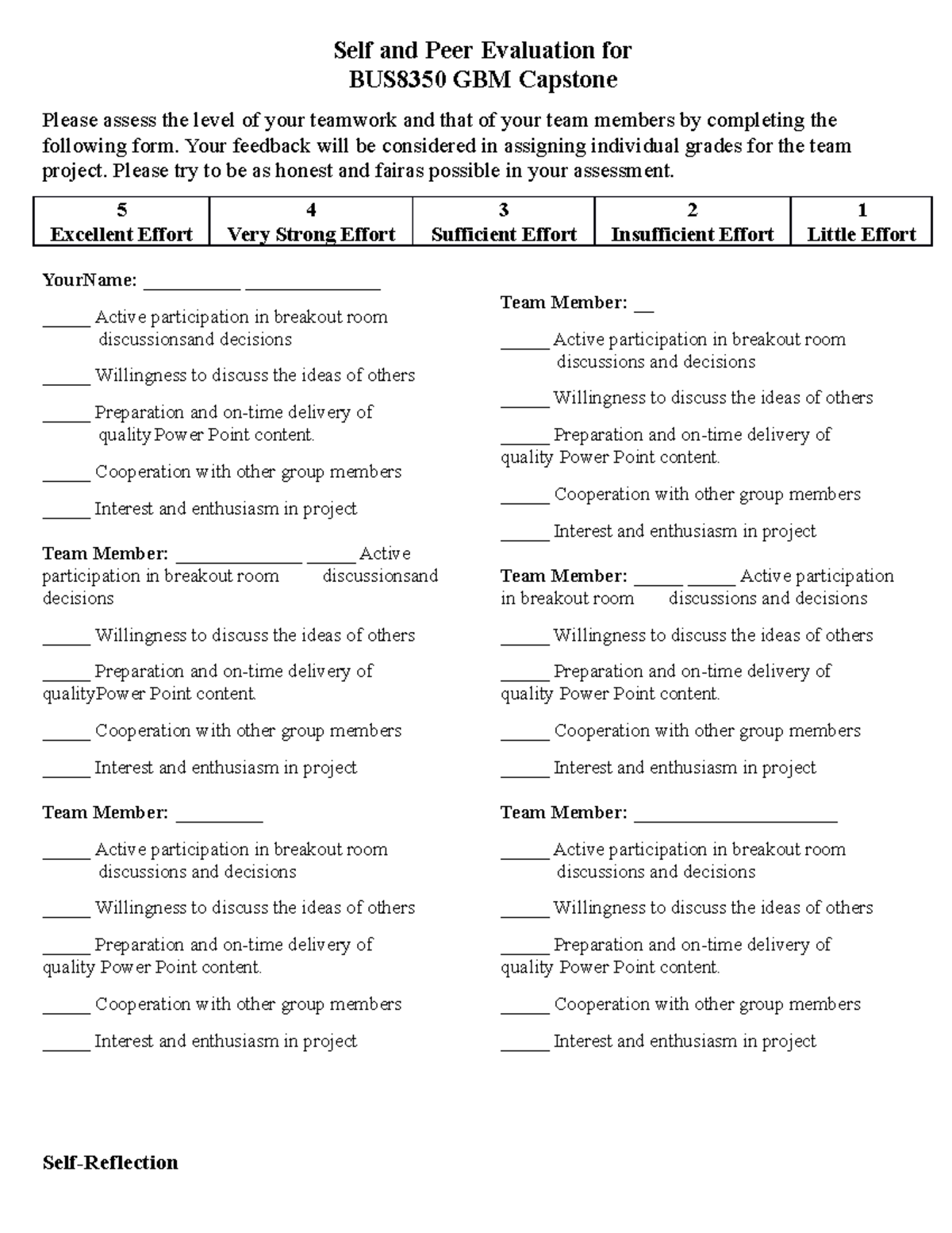 Self and Peer Evaluation capstone management - Self and Peer Evaluation ...
