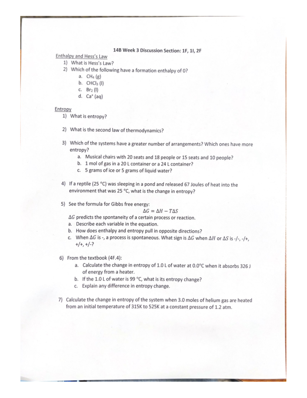 14B Week 3 Discussion Section 1F, 11, 2F - Chem 14B - Studocu