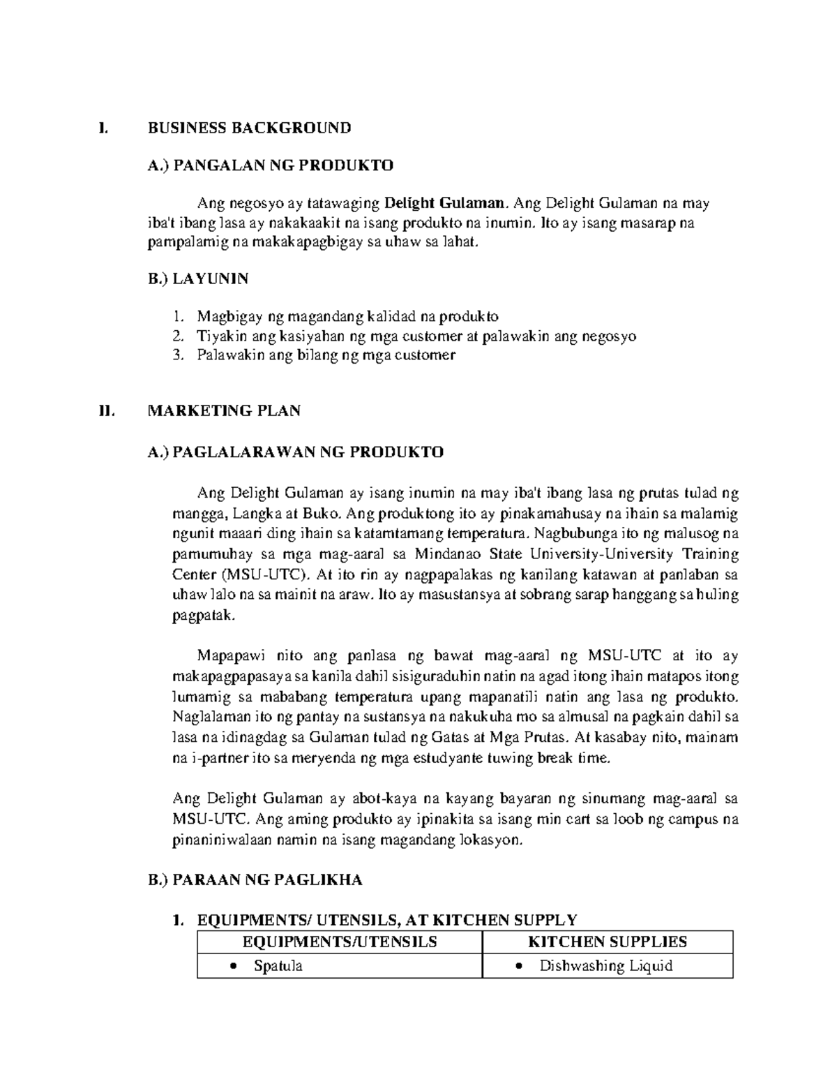 Sample Delight Gulaman - I. BUSINESS BACKGROUND A.) PANGALAN NG ...