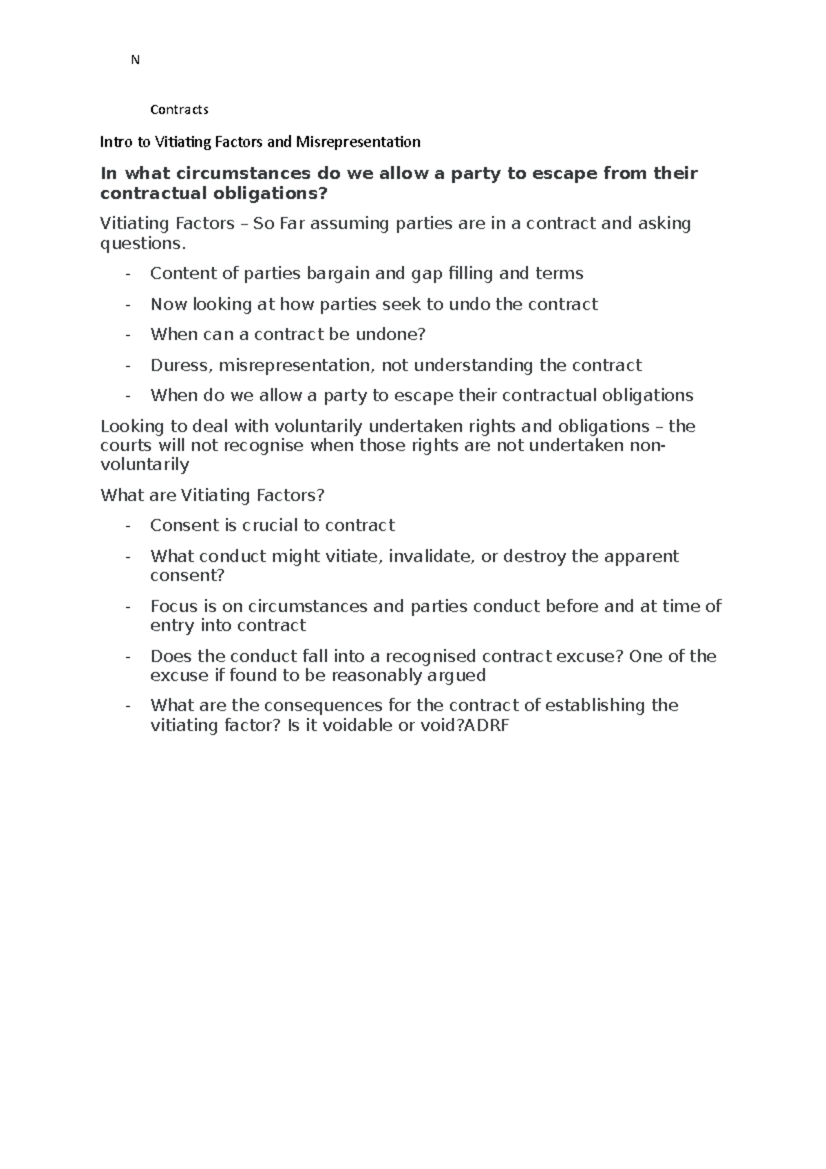Contract Week 9 - Notes - Contracts Intro to Vitiating Factors and ...