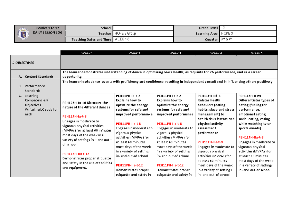 DLL-Week-1-5 - HOPE 12 DLL - Grades 1 to 12 DAILY LESSON LOG School Grade Level 12 Teacher HOPE ...