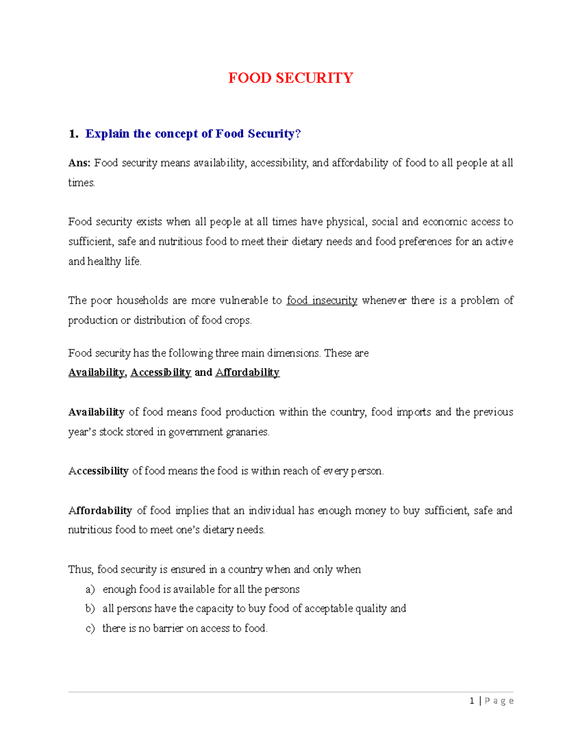 Indian Economy-Food Security - FOOD SECURITY 1. Explain the concept of ...