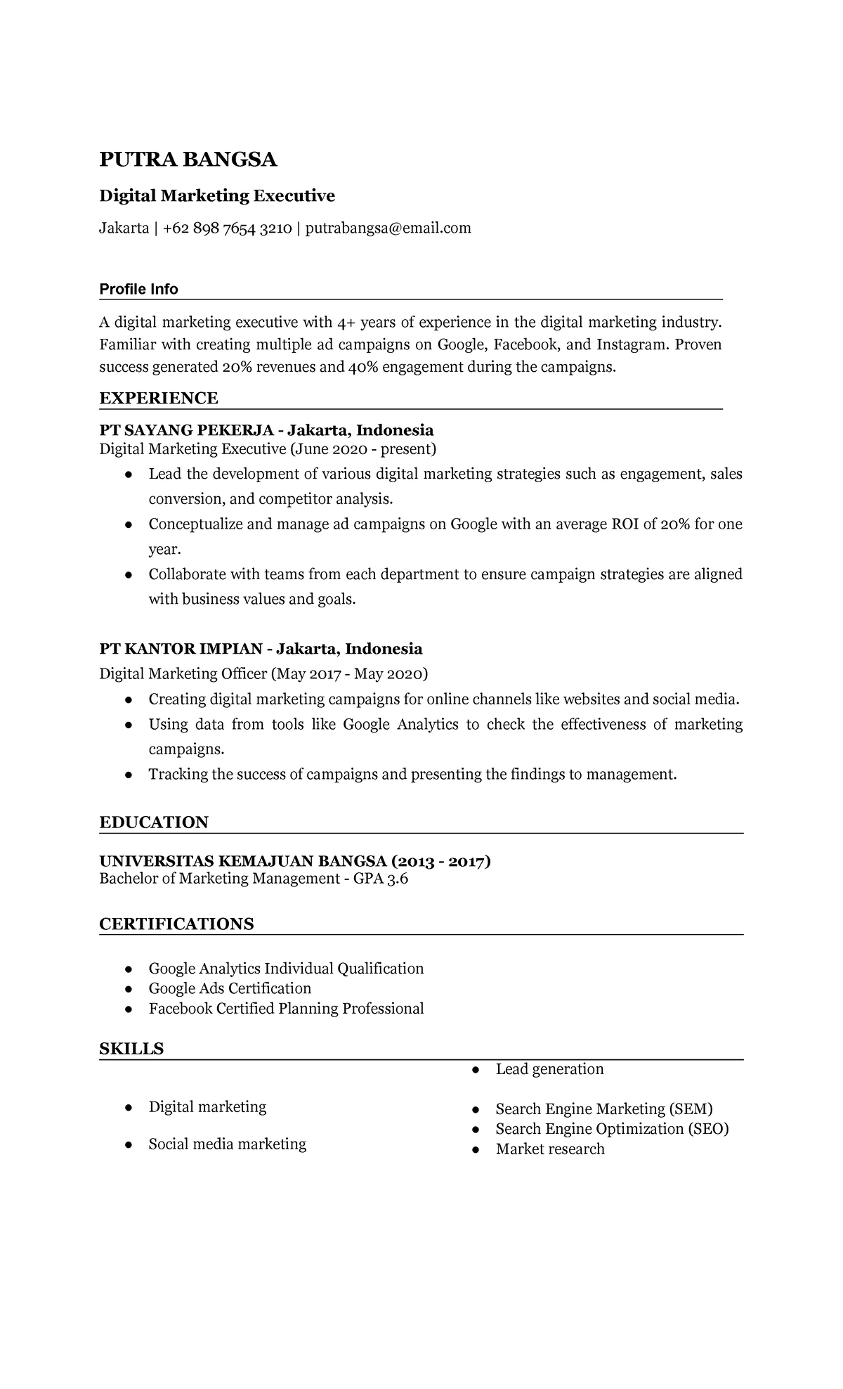 English #2 - contoh cv - PUTRA BANGSA Digital Marketing Executive ...