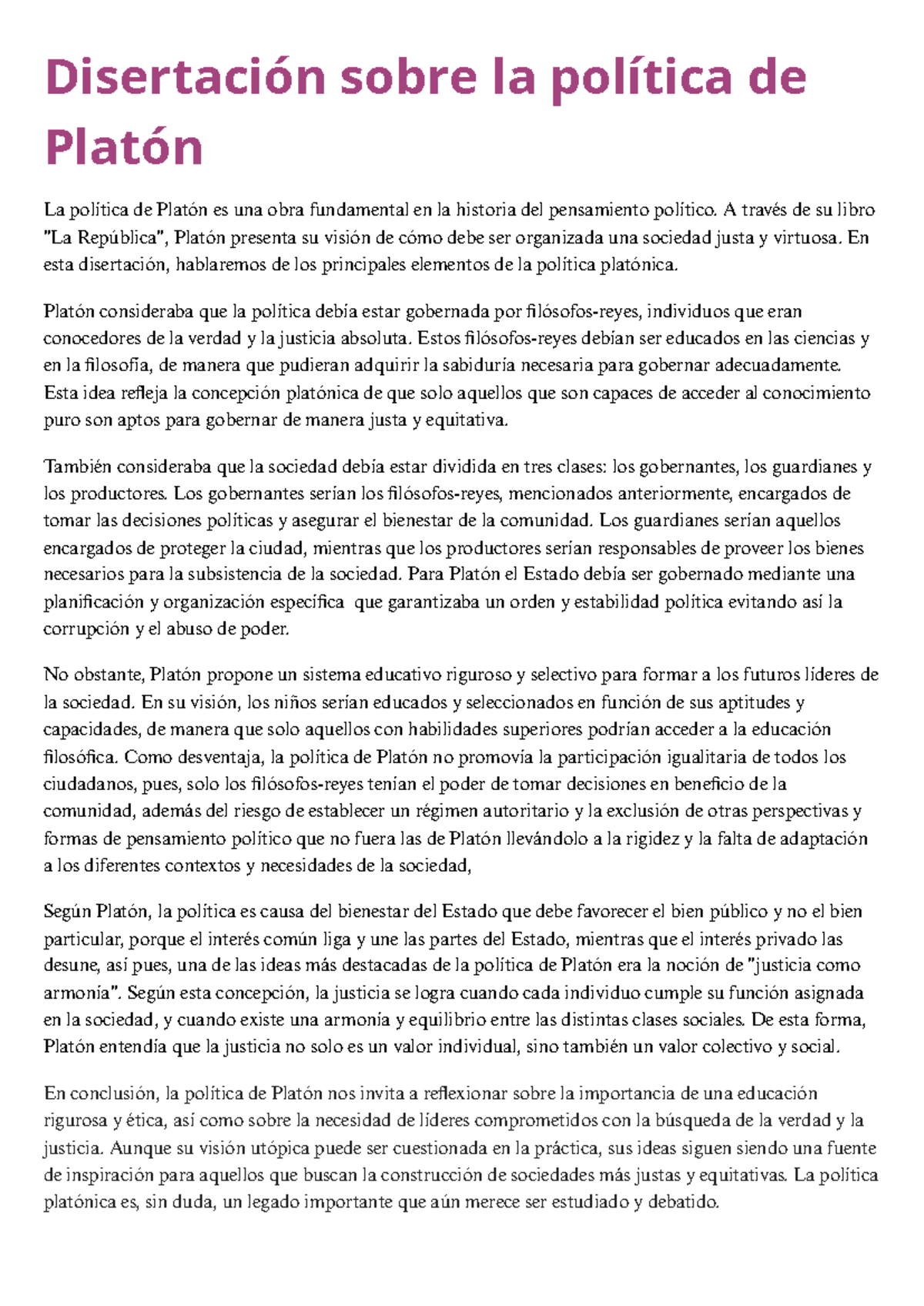 Disertación sobre la política de Platón - Disertación sobre la política ...
