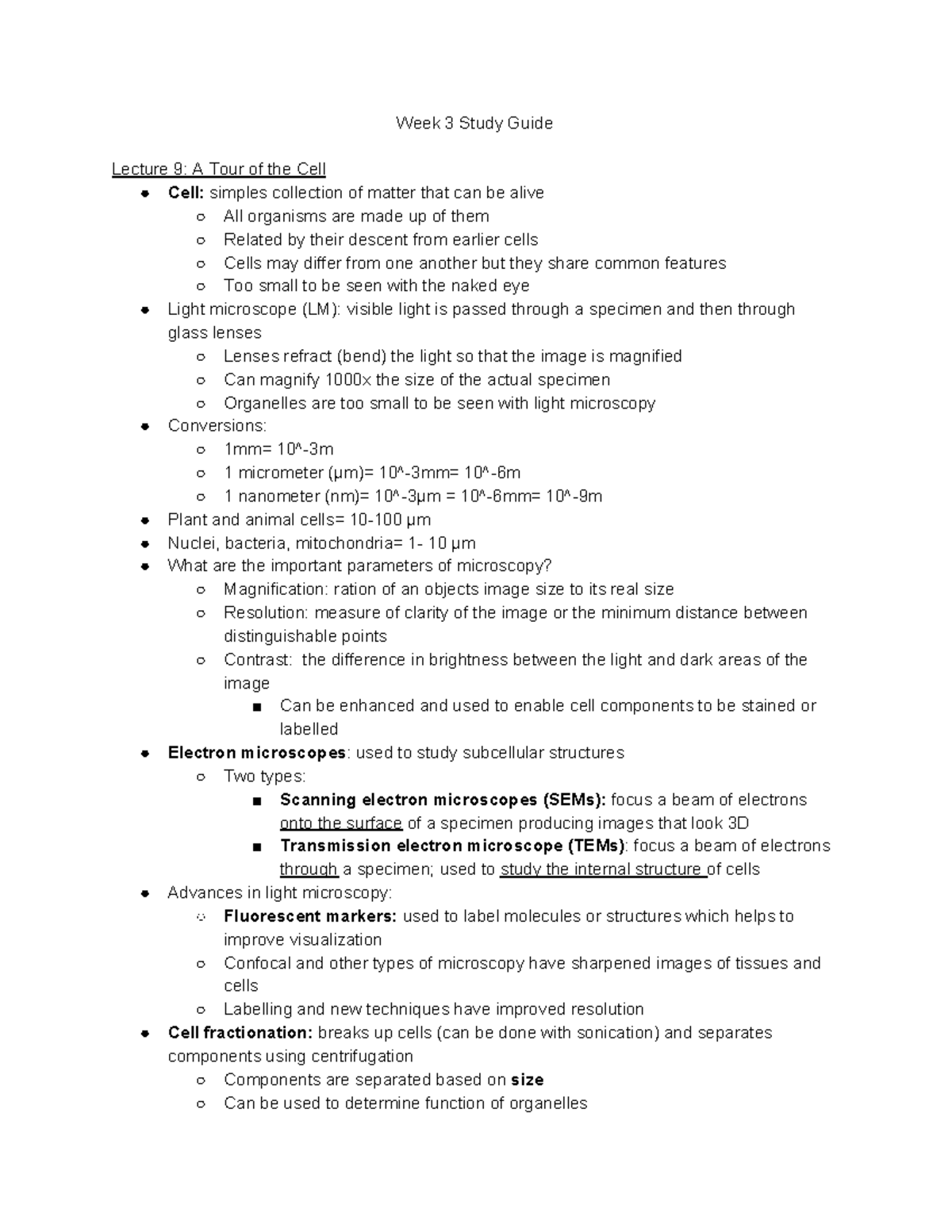 Week 3 Study Guide - Week 3 Study Guide Lecture 9: A Tour of the Cell ...