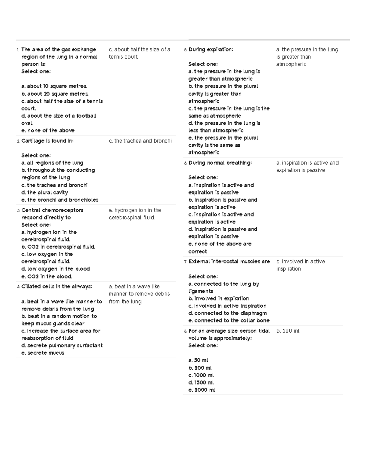 Respiratory System Quiz - 1 area of the gas exchange region of the lung ...
