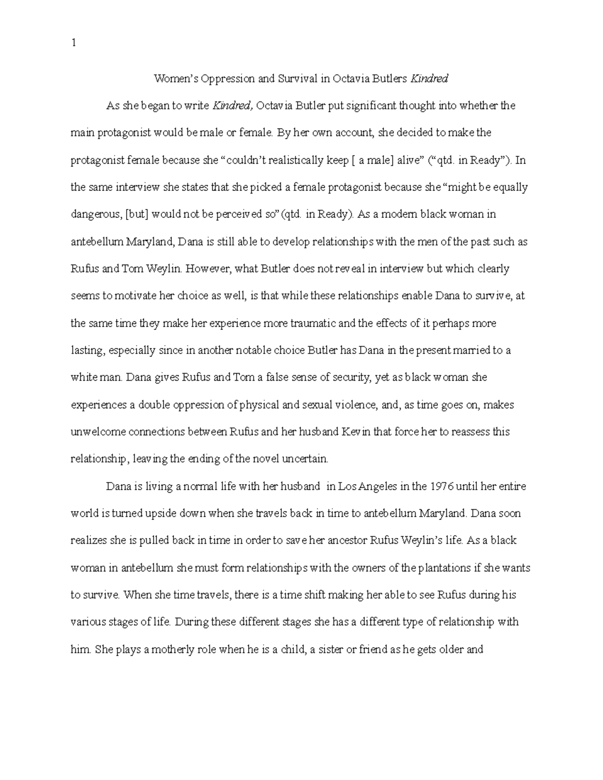 Final Essay - Grade: A - Women’s Oppression and Survival in Octavia ...