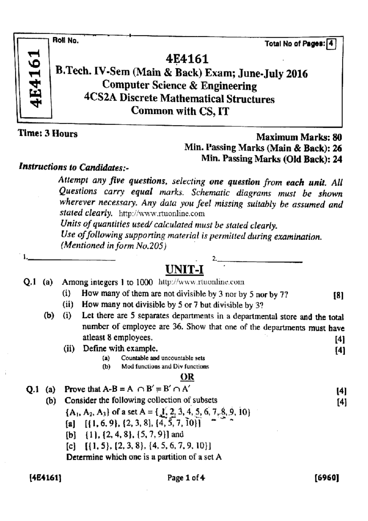 Btech Cs It 4 Sem Discrete Mathematical Structures 4e4161 Jul 2016 Roll No Total No Of Pages