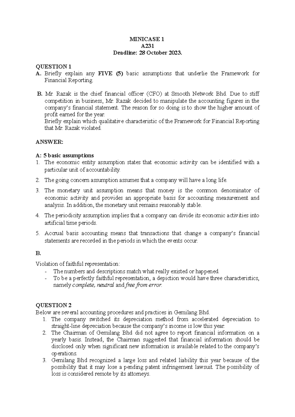 MC 1 Answer A231 - account sem 1 - MINICASE 1 A Deadline: 28 October ...