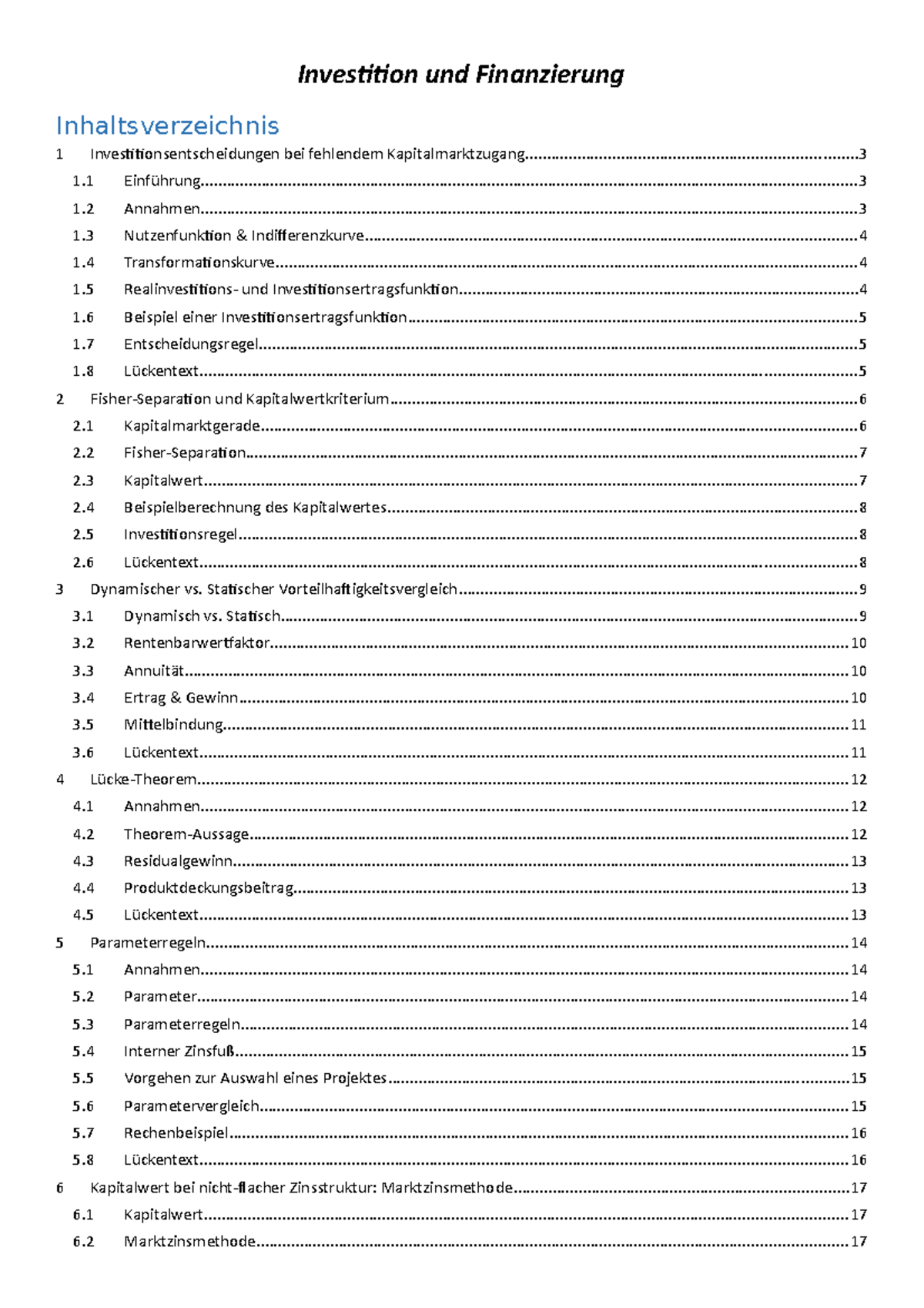 Investition und Finanzierung 2 Zusammenfassung - Investition und ...