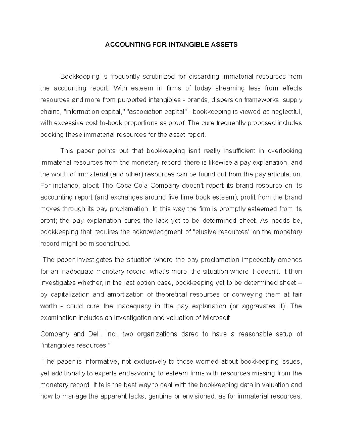 Accounting FOR Intangible Assets - ACCOUNTING FOR INTANGIBLE ASSETS Bookkeeping is frequently ...