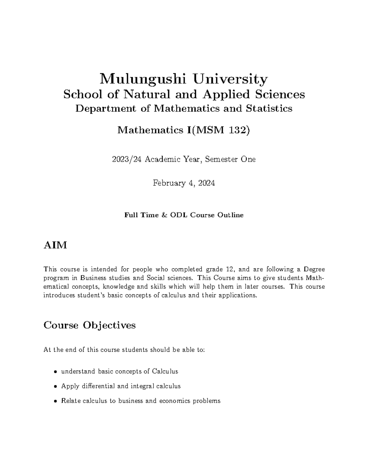 Course Outline math132 - Mulungushi University School of Natural and ...