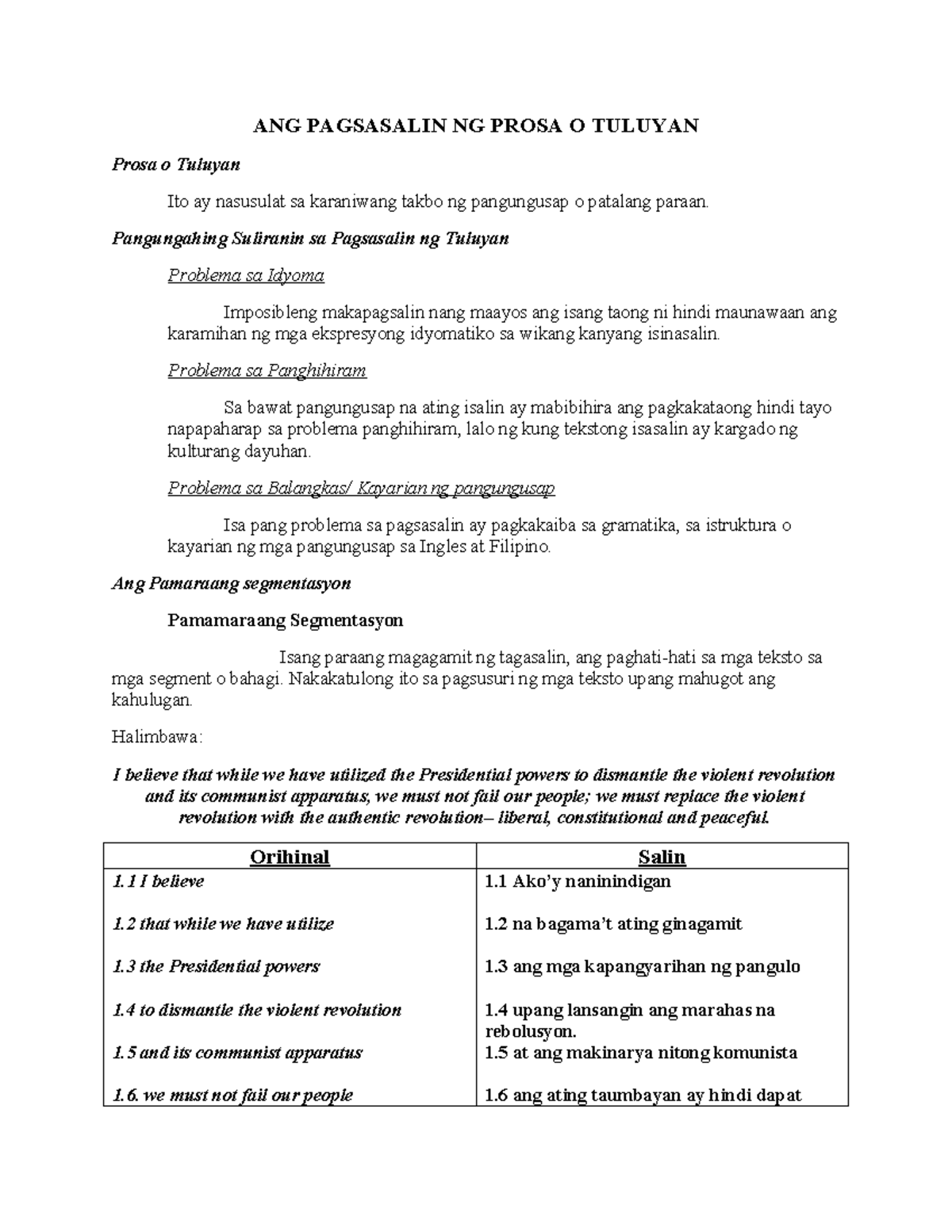 Pdfcoffee - ..... - ANG PAGSASALIN NG PROSA O TULUYAN Prosa o Tuluyan ...