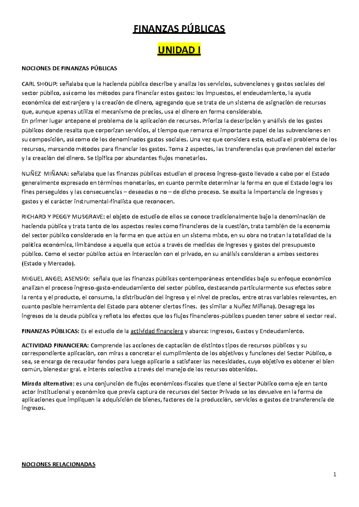 Resumen Finanzas publicas - FINANZAS PÚBLICAS UNIDAD I NOCIONES DE ...