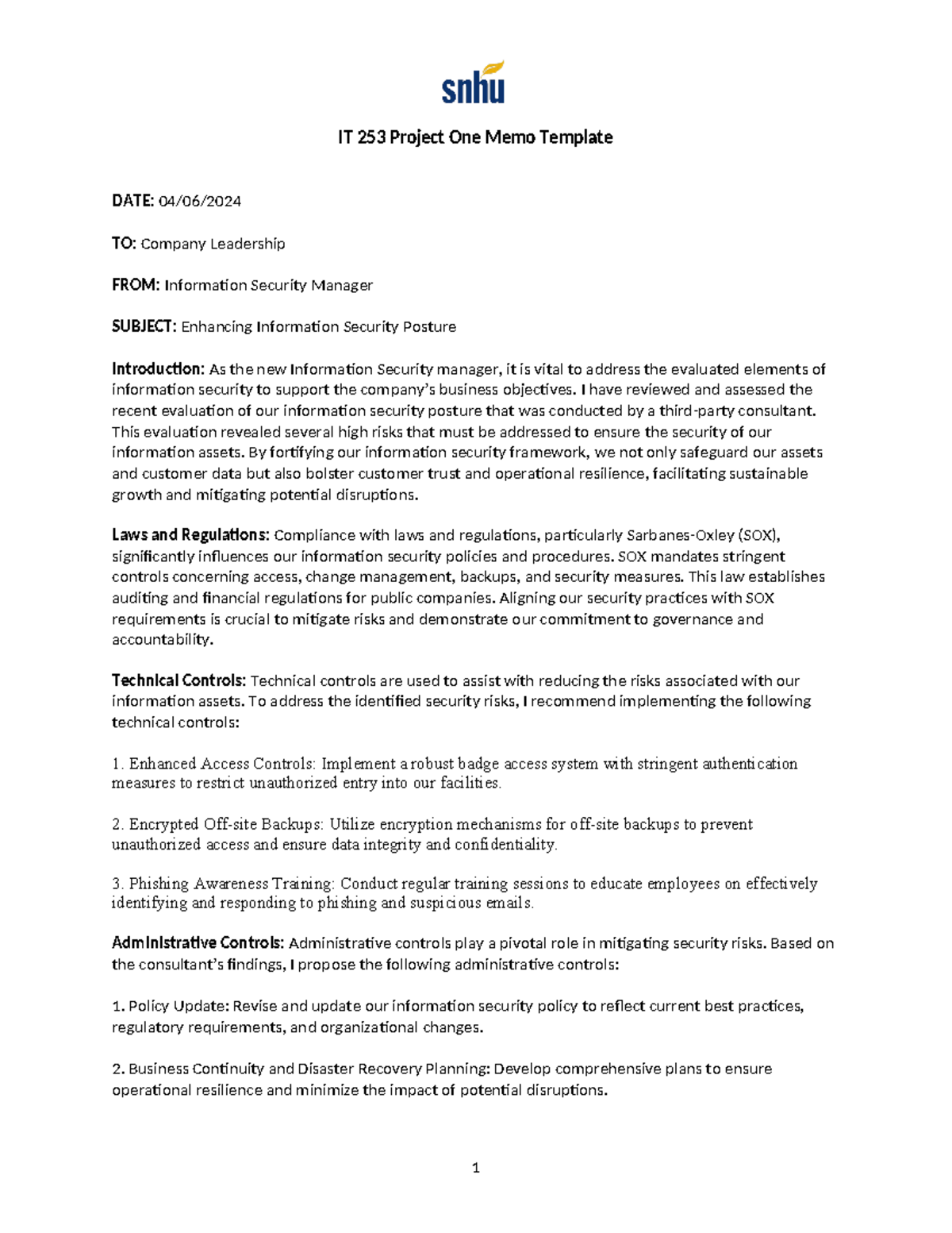 IT 253 Project One Memo Template - IT 253 Project One Memo Template ...