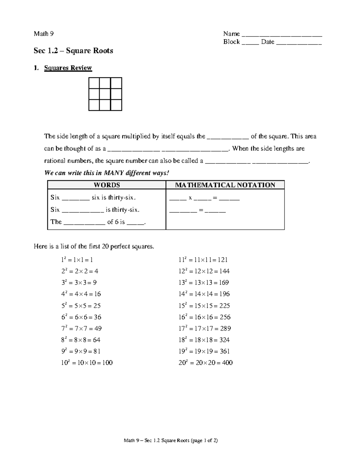 Ma9 1.2 Squares - assignments/homework good for practice - Math 9 – Sec ...