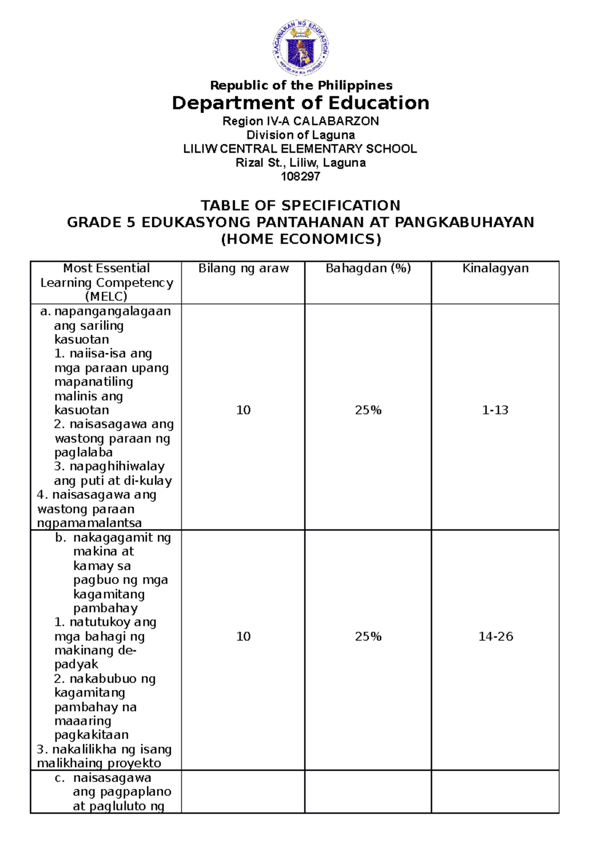 TOS Grade 5 EPP HE - ... - Republic of the Philippines Department of ...