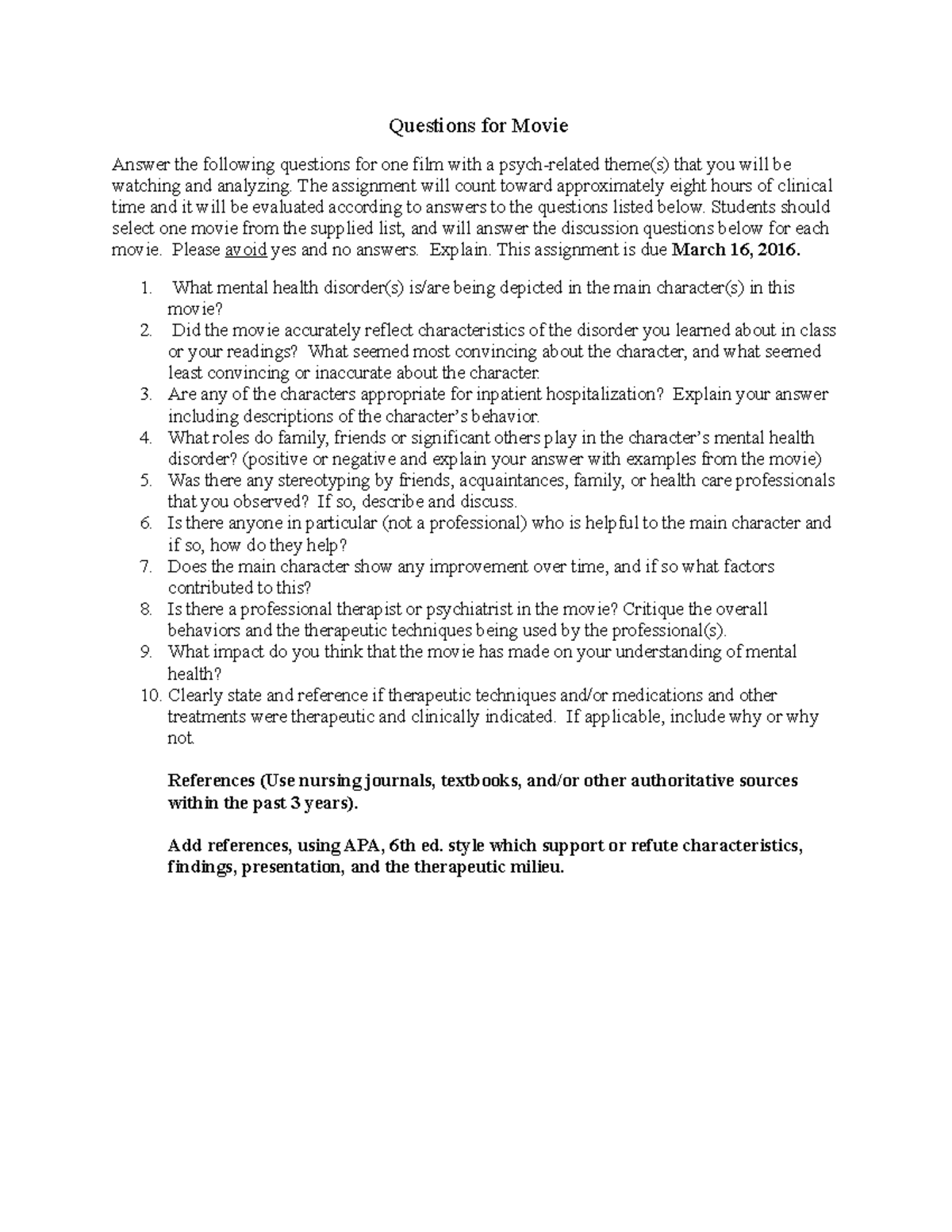 Psych Movie Assignment Questions - Questions for Movie Answer the ...