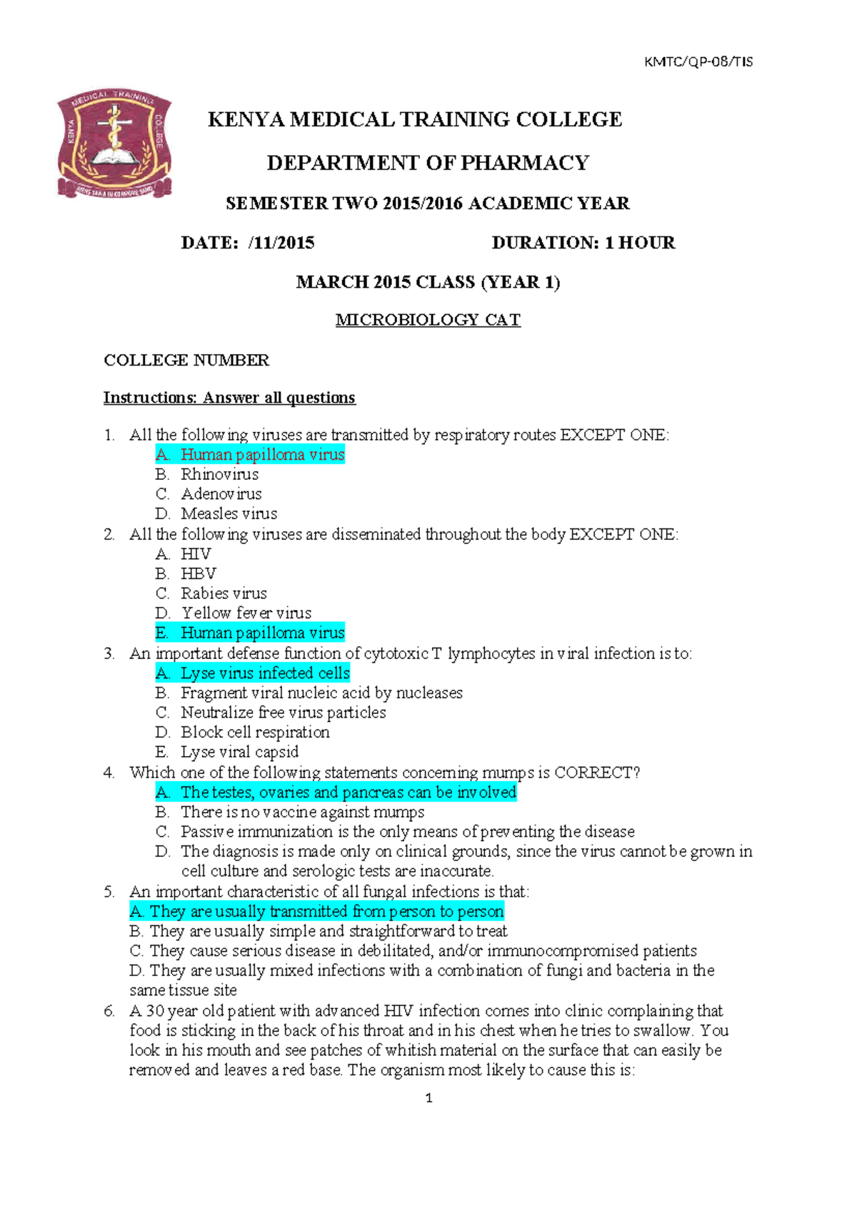 Microbiology cat sem 2 2015 March Class-1-1 - KMTC/QP-08/TIS KENYA ...