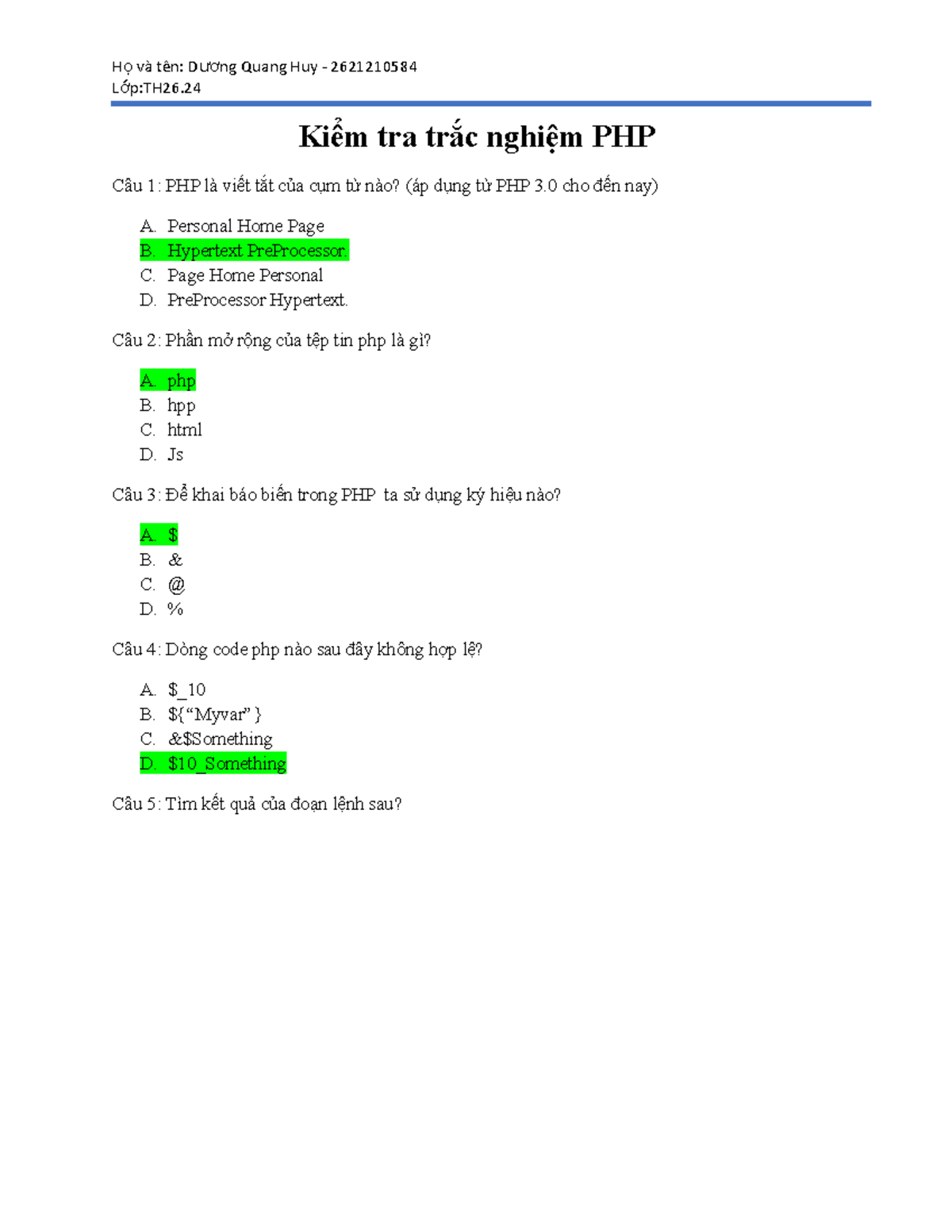Quiz3 on tap PHP - Test - L ớp :TH26. Kiểm tra trắc nghiệm PHP Câu 1 ...