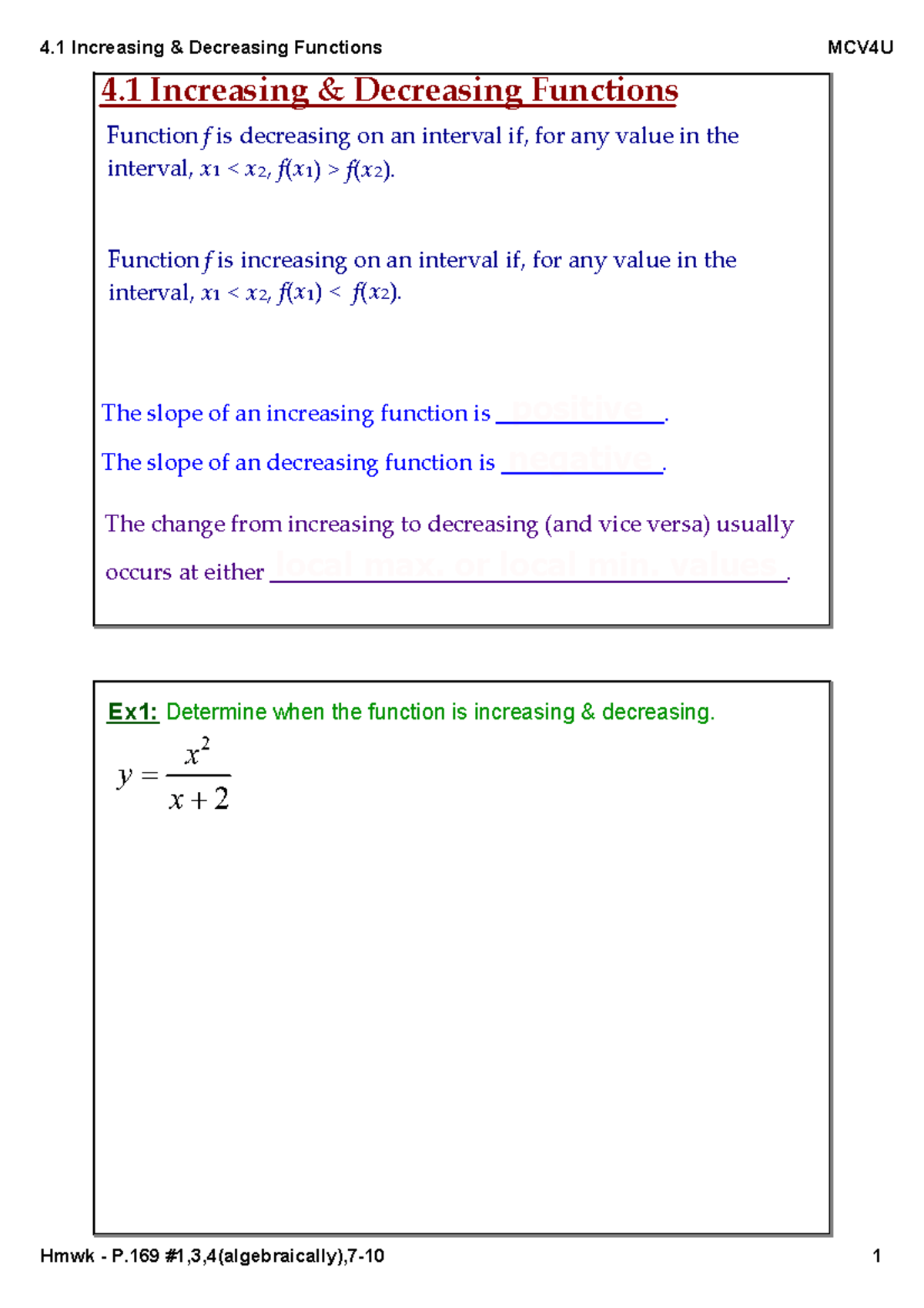 4.1 Increasing & Decreasing Functions WS - 4 Increasing & Decreasing ...