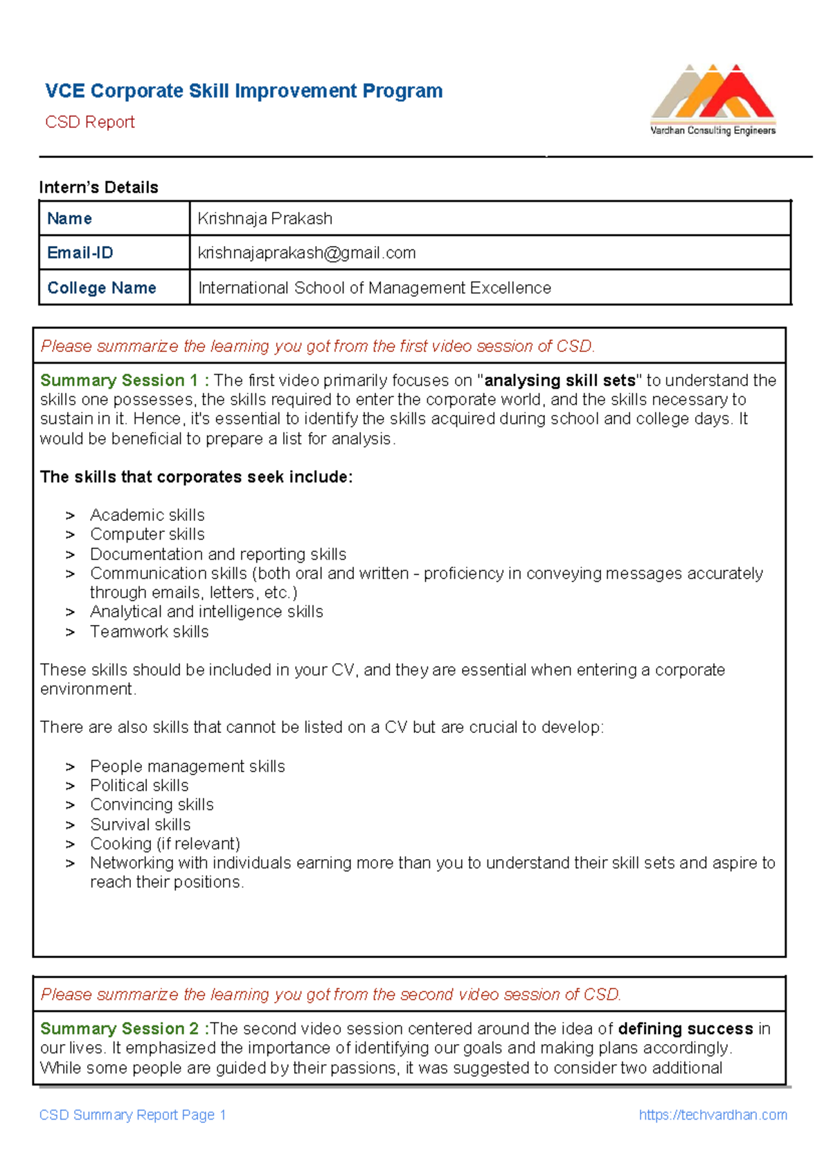 CSD Task - task for an internship - VCE Corporate Skill Improvement ...