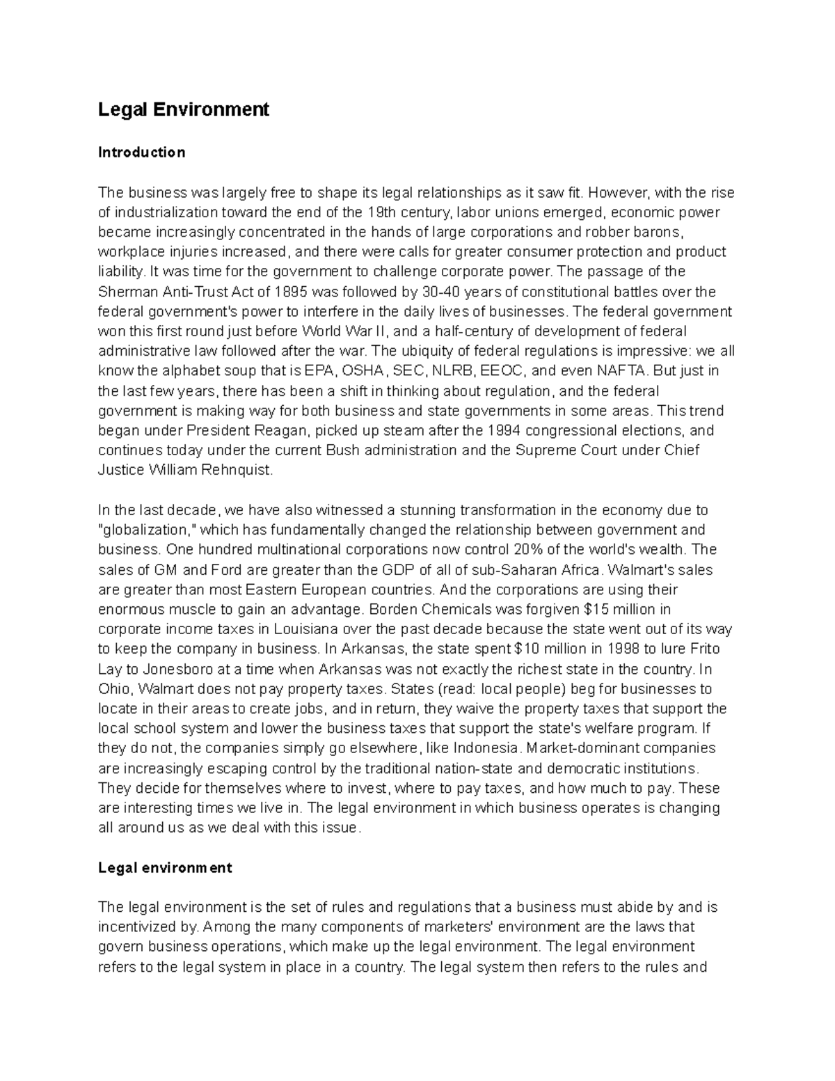 Legal Environment - Legal Environment Introduction The business was ...